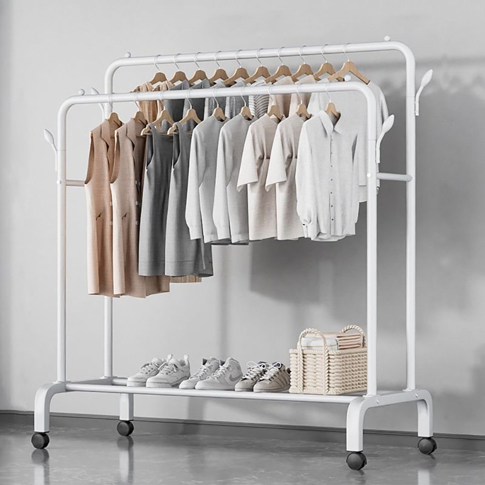 17 Stories Garment Rack With Double Rods, Bottom Shelf And Coat/Hat ...