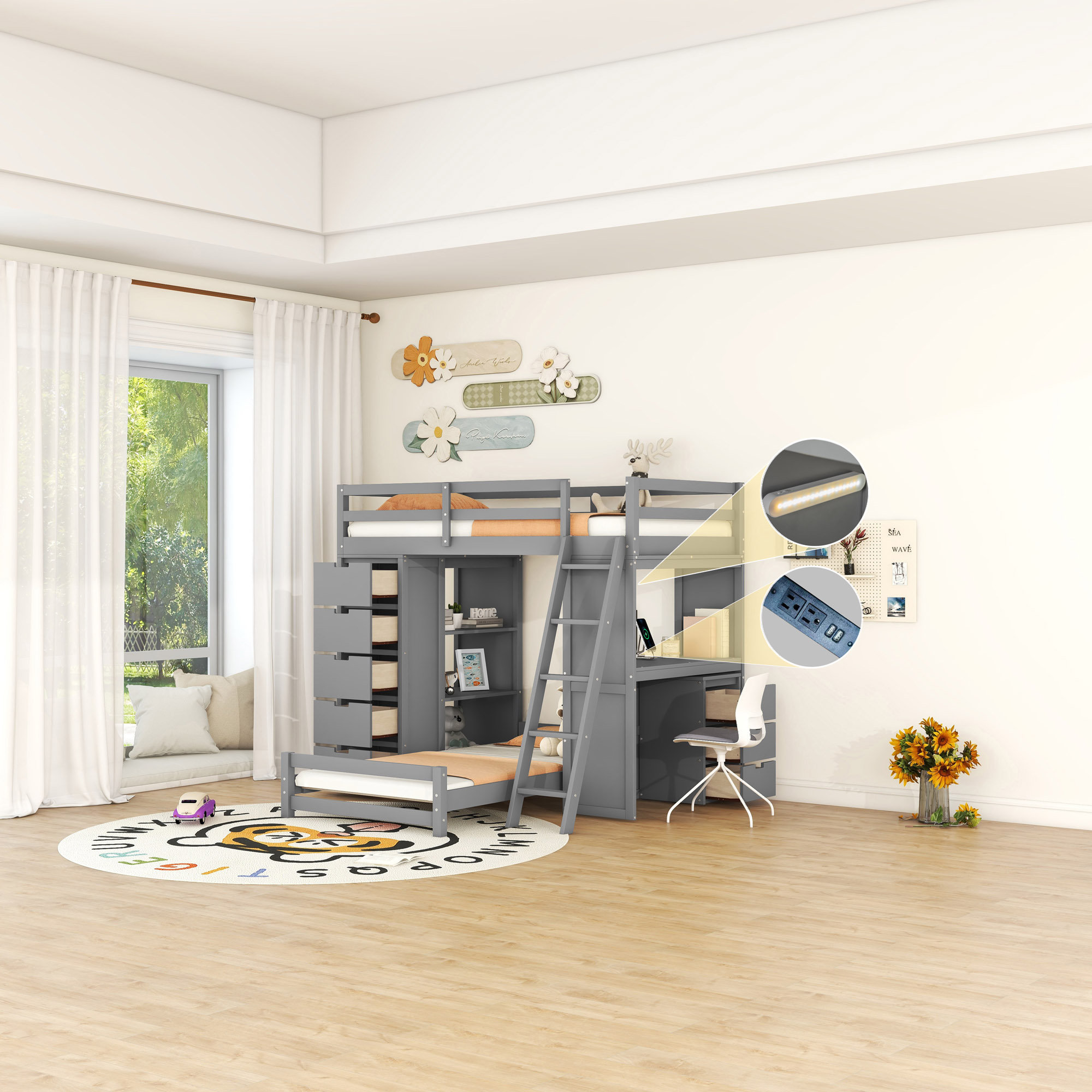 Darby Home Co Twin Over Twin Bunk Bed With LED Light And USB Ports ...