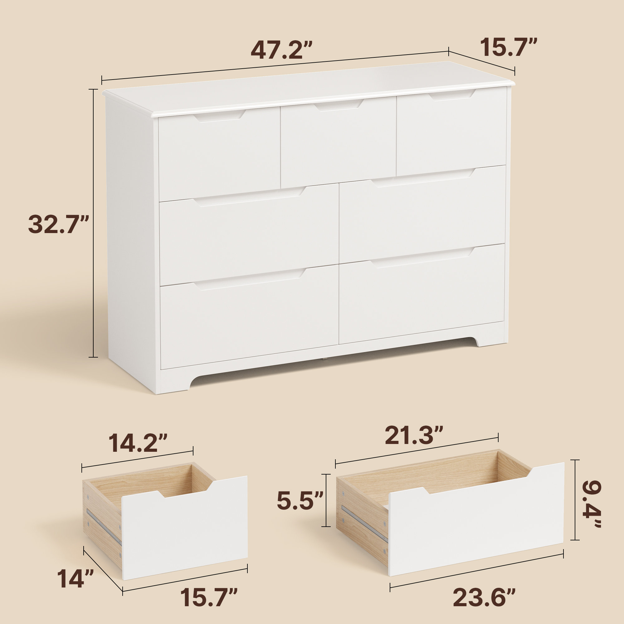 Ebern Designs 28'' H 7-Drawer Double Dresser with Handleless Fronts and ...