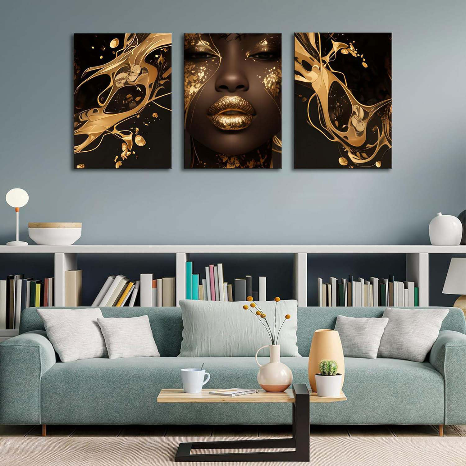 Mercer41 3 Pcs Black Gold Woman Canvas Wall Art African American Black Girl Wall Decor Pictures ...