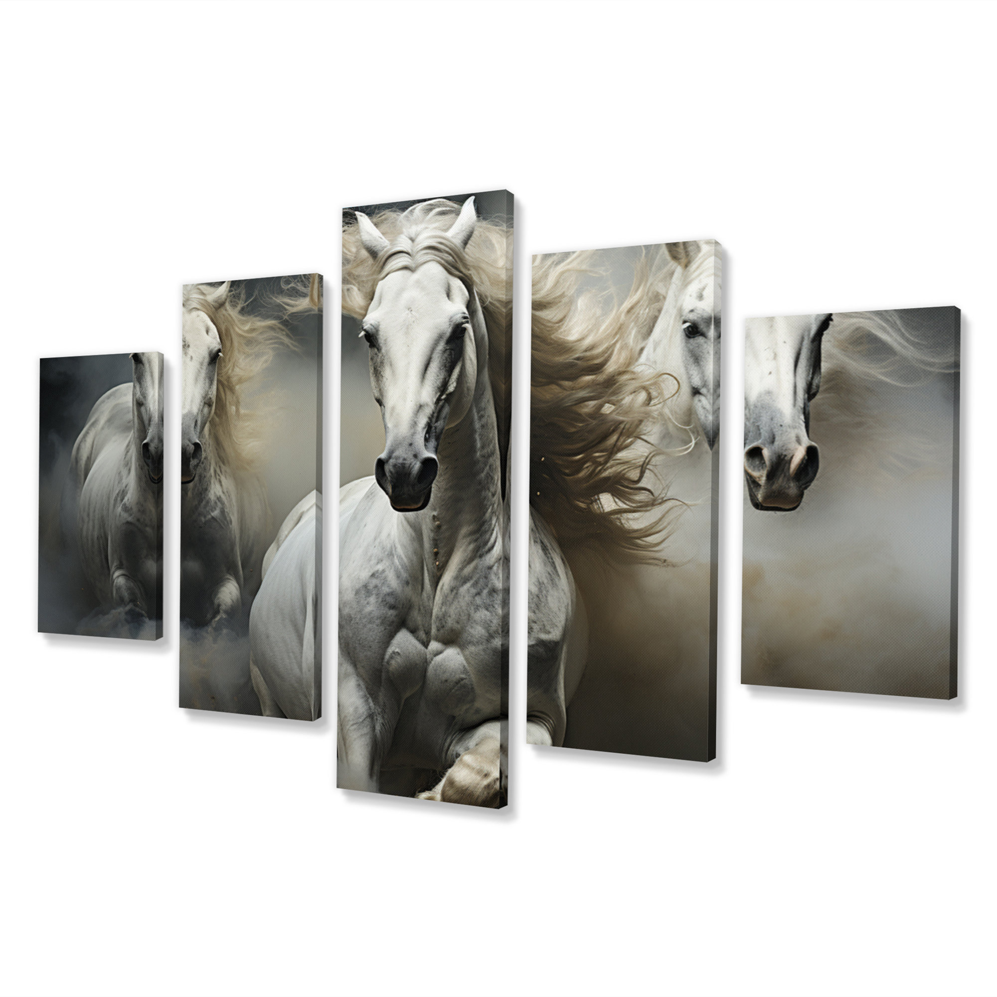 Union Rustic White Beige Horse Equine Harmony On Canvas 5 Pieces Print ...