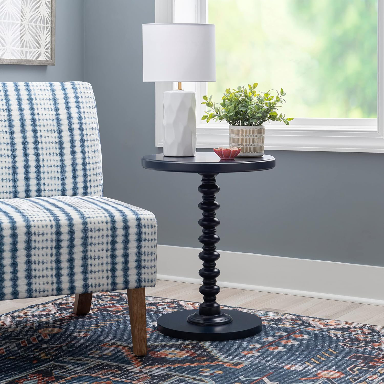 Canora Grey Round Navy Blue Pedestal Accent Side Table With Turned ...