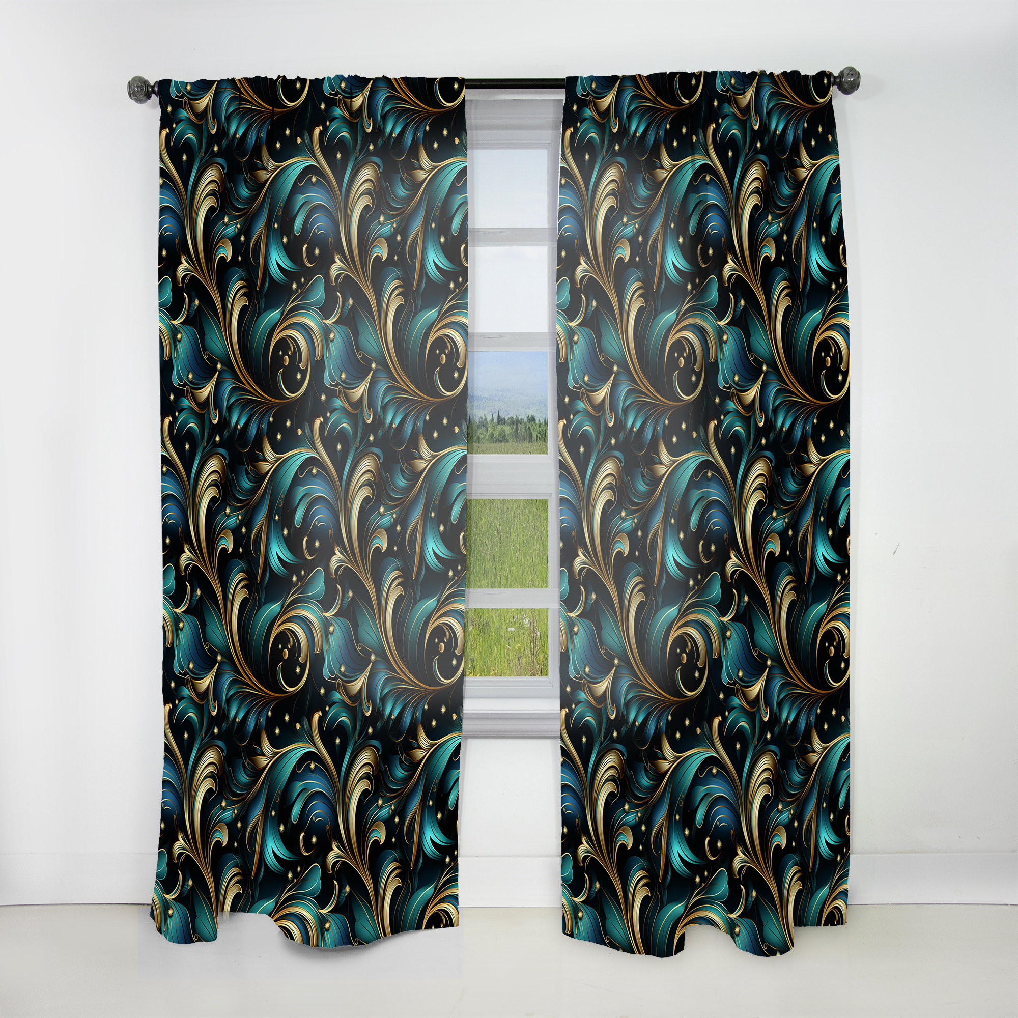 Design Art Or et bleu Luxury Damask Serenade IV - Rideau damas - Rideau ...