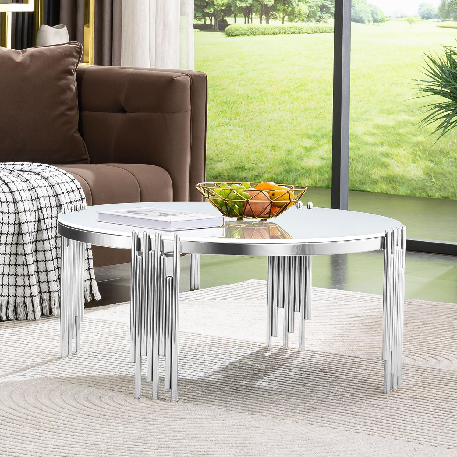 Mercer41 Templas 36 inch White Glass Round Coffee Table with Silver ...