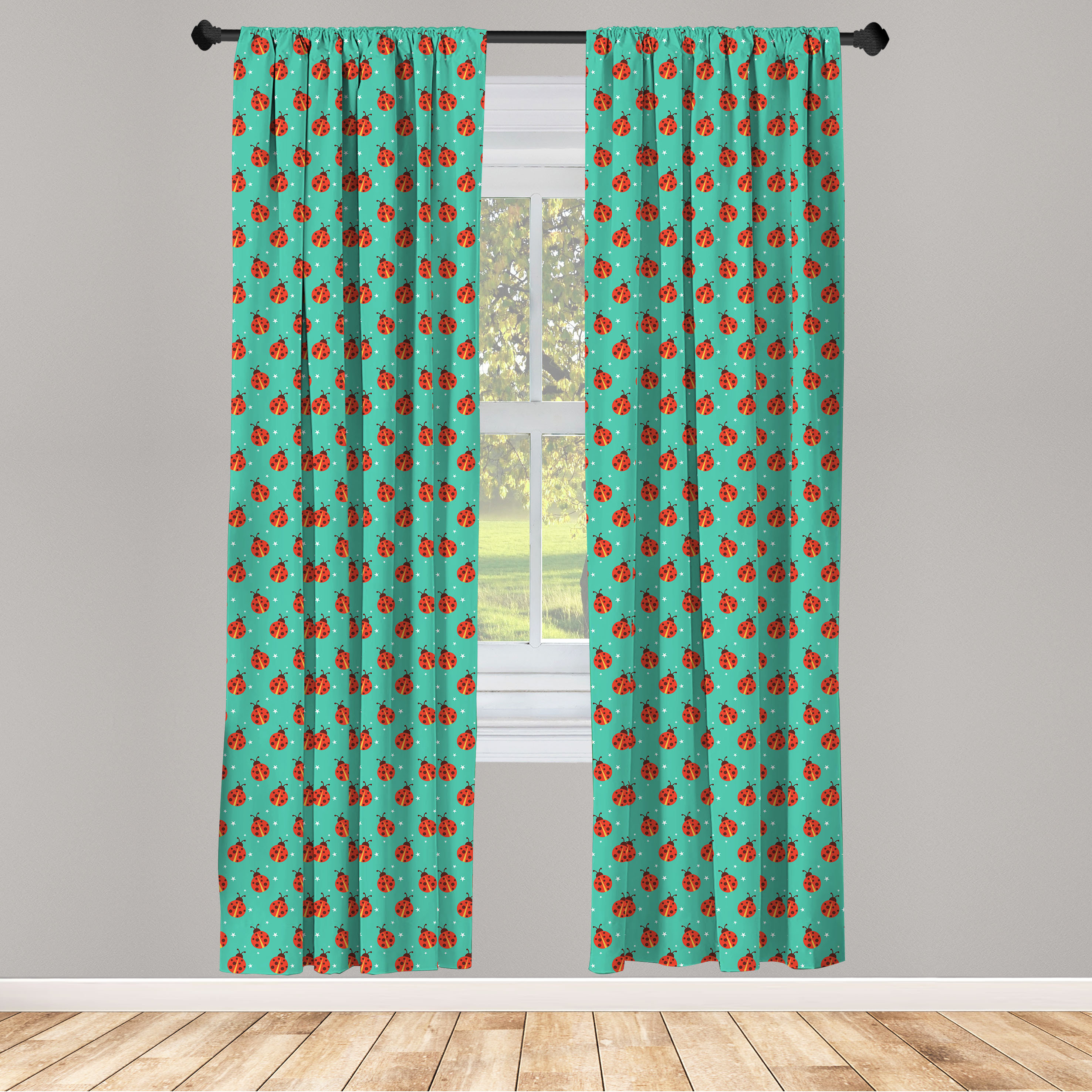 Ambesonne Modern 4-Panel Curtains, Ladybugs Tiny Stars, Teal Red Black ...