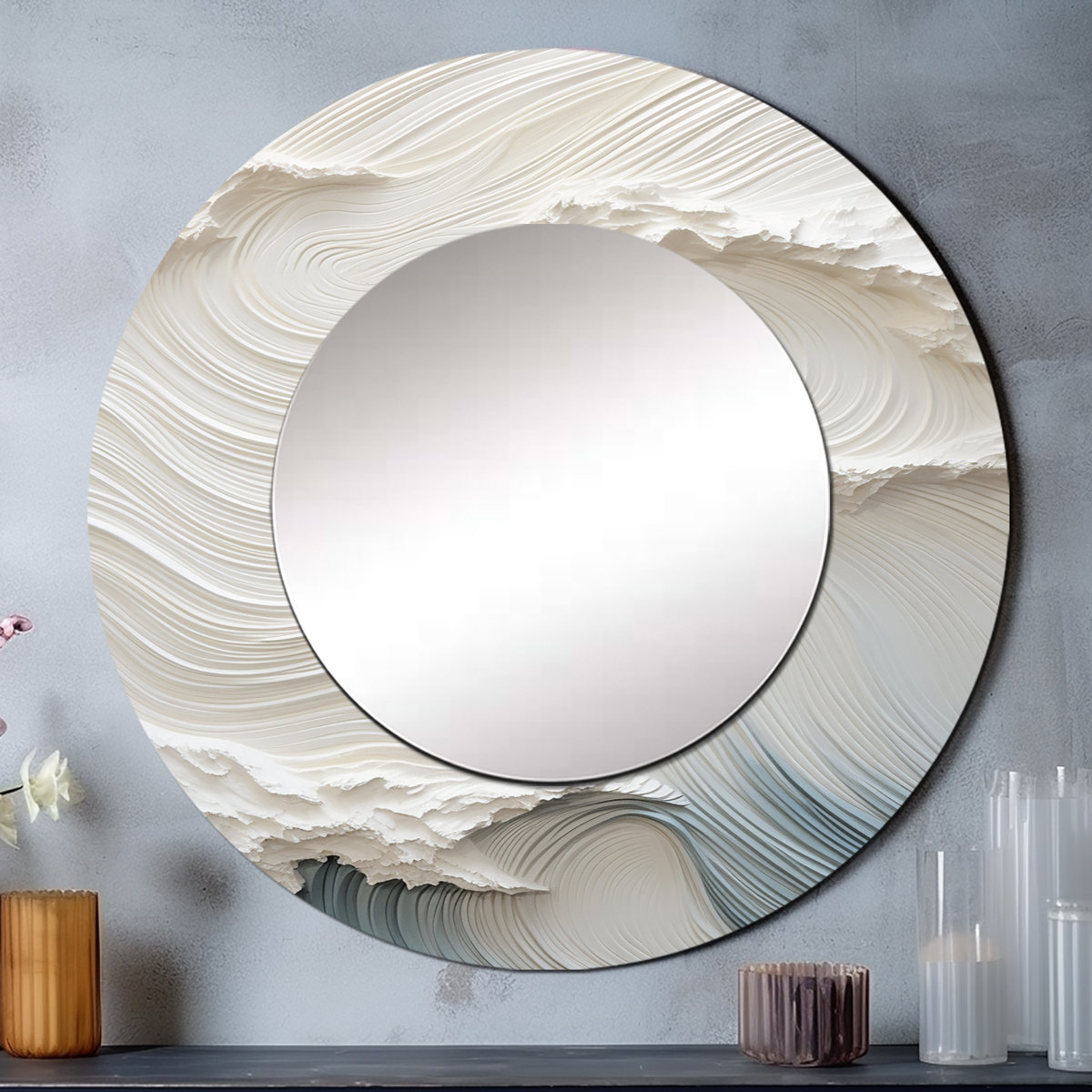 Design Art White Coastal wave Style I - Round Coastal Mirror on metal ...