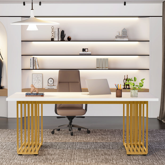 Mercer41 70.9" Modern Office Desk, White Executive Desk With Gold Metal ...