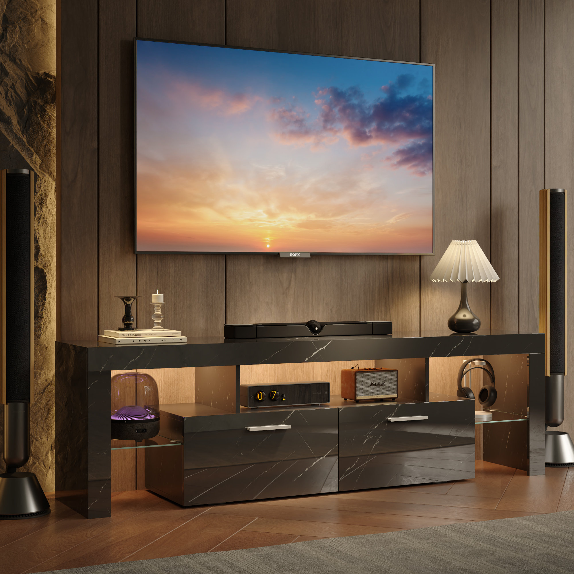 Ebern Designs 65 Inch Glossy Tv Stand Fits Tv Up To 75 Inch With Drawer ...