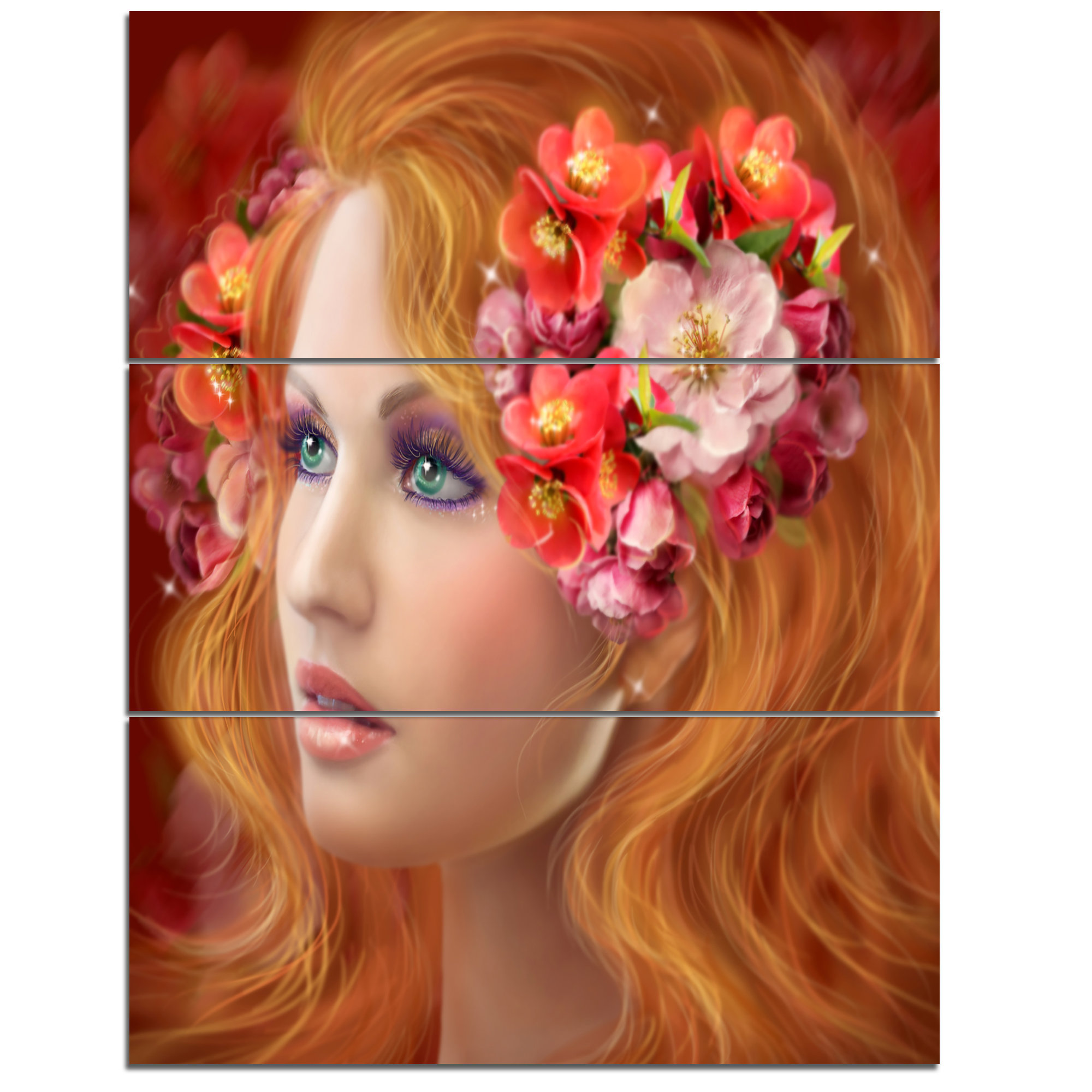 Design Art Woman with Autumn Flowers - 3 Piece Graphic Art on Wrapped ...