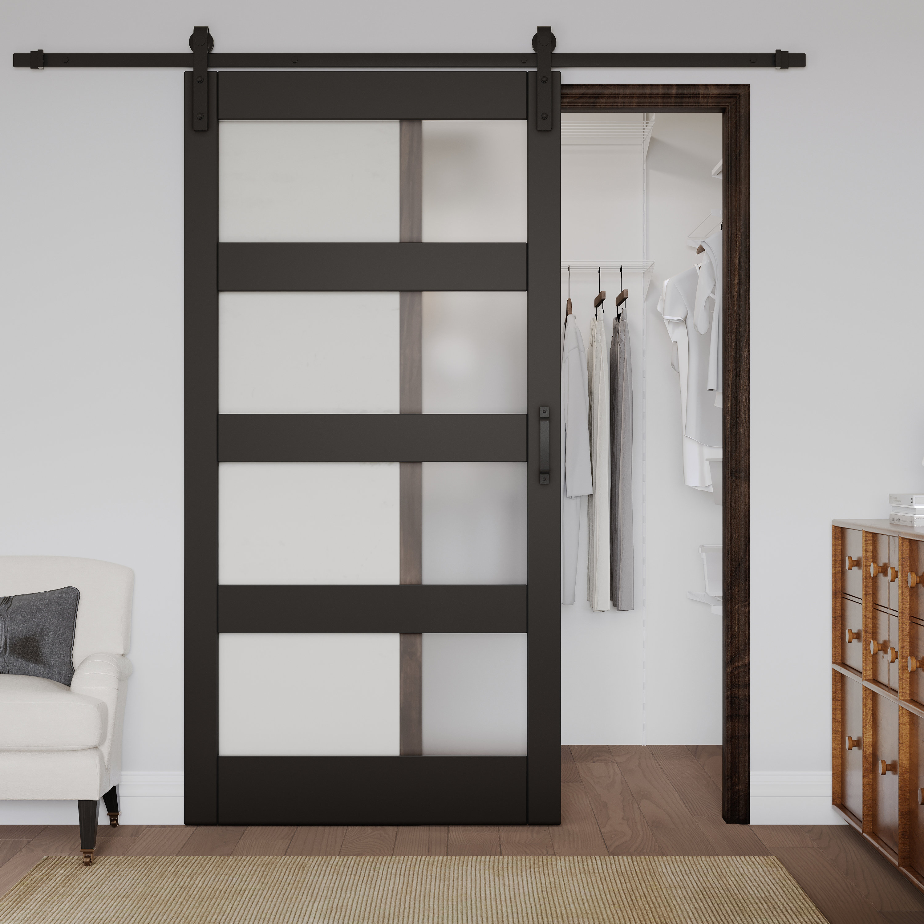 HOZONE Glass and Manufactured Wood Black Sliding Barn Door with ...