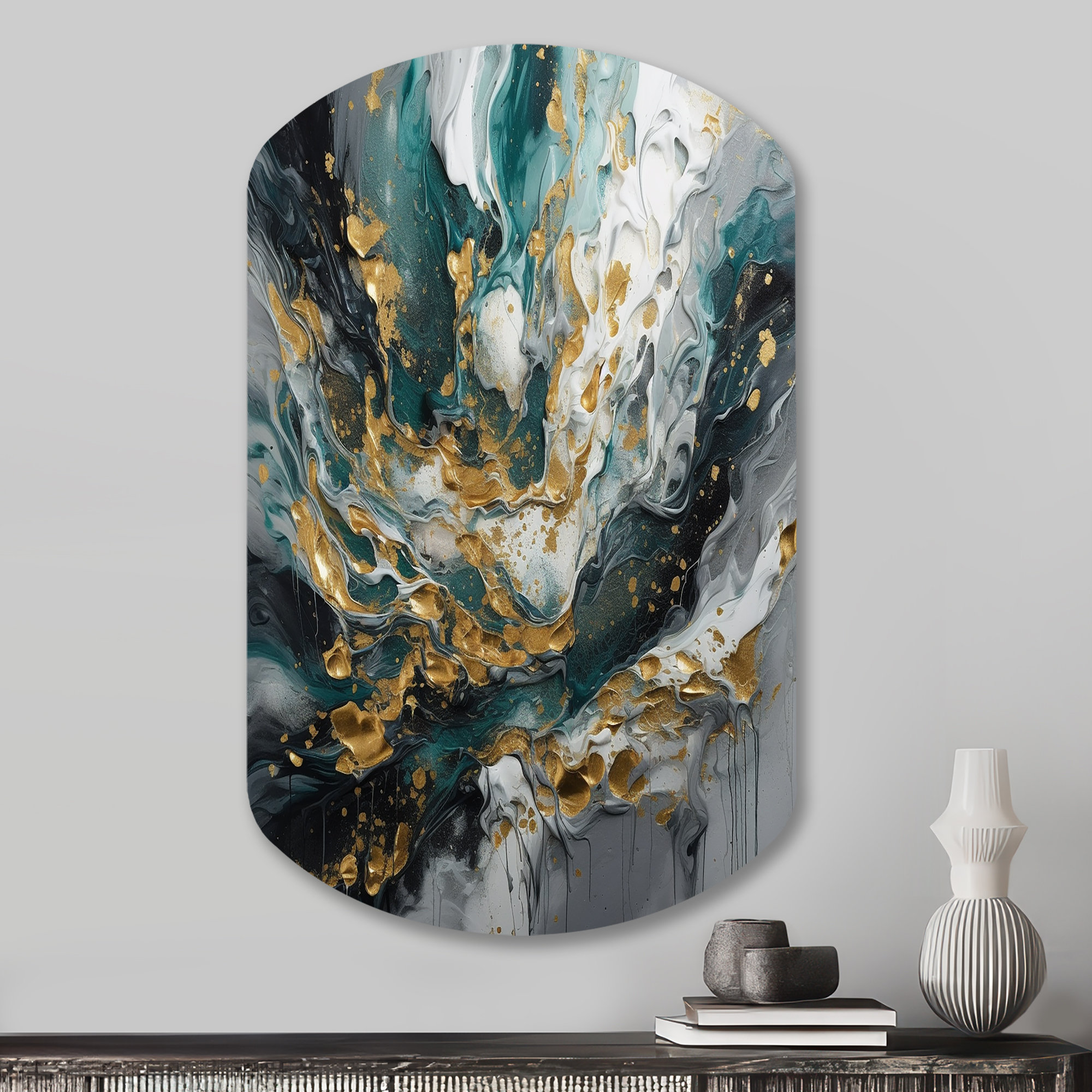 Design Art Gold Teal Ink On Stone - Abstract Asymmetrical Metal Wall ...