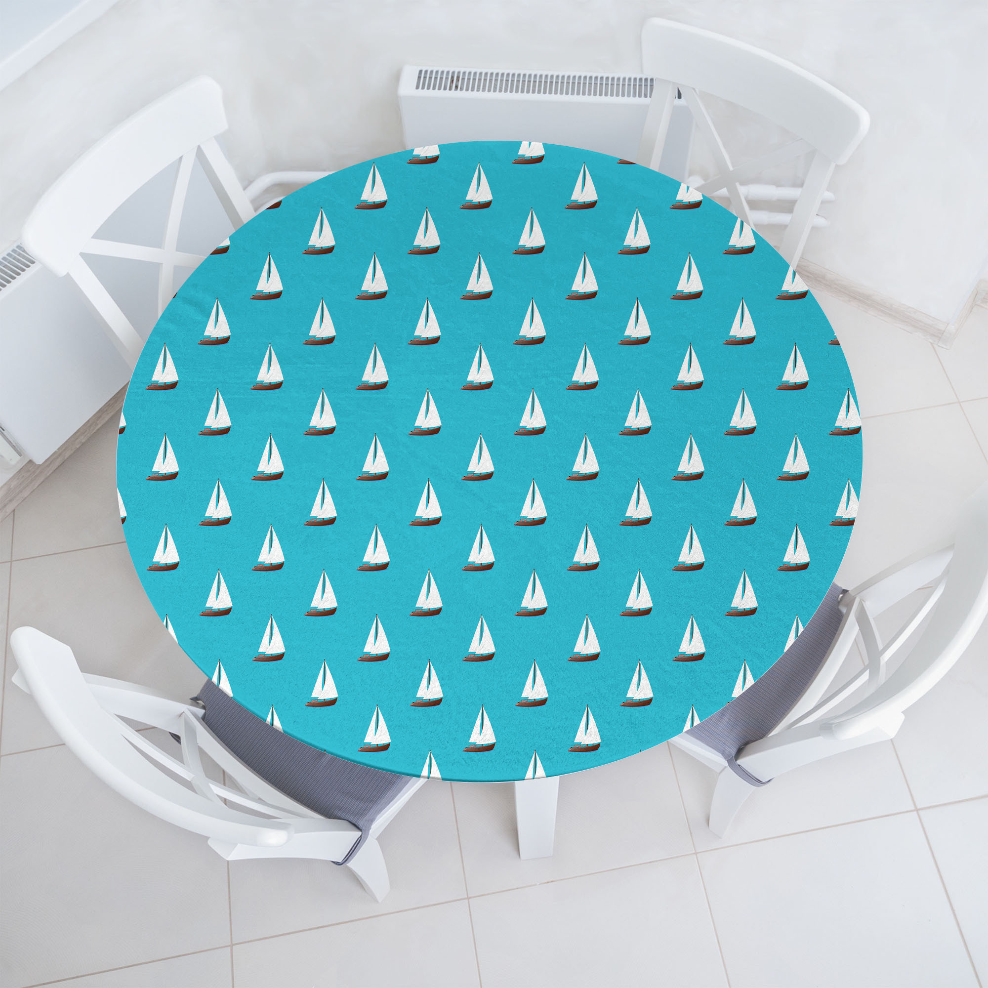 Ebern Designs Nautical Fitted Round Tablecloth Sky Blue White Brown ...
