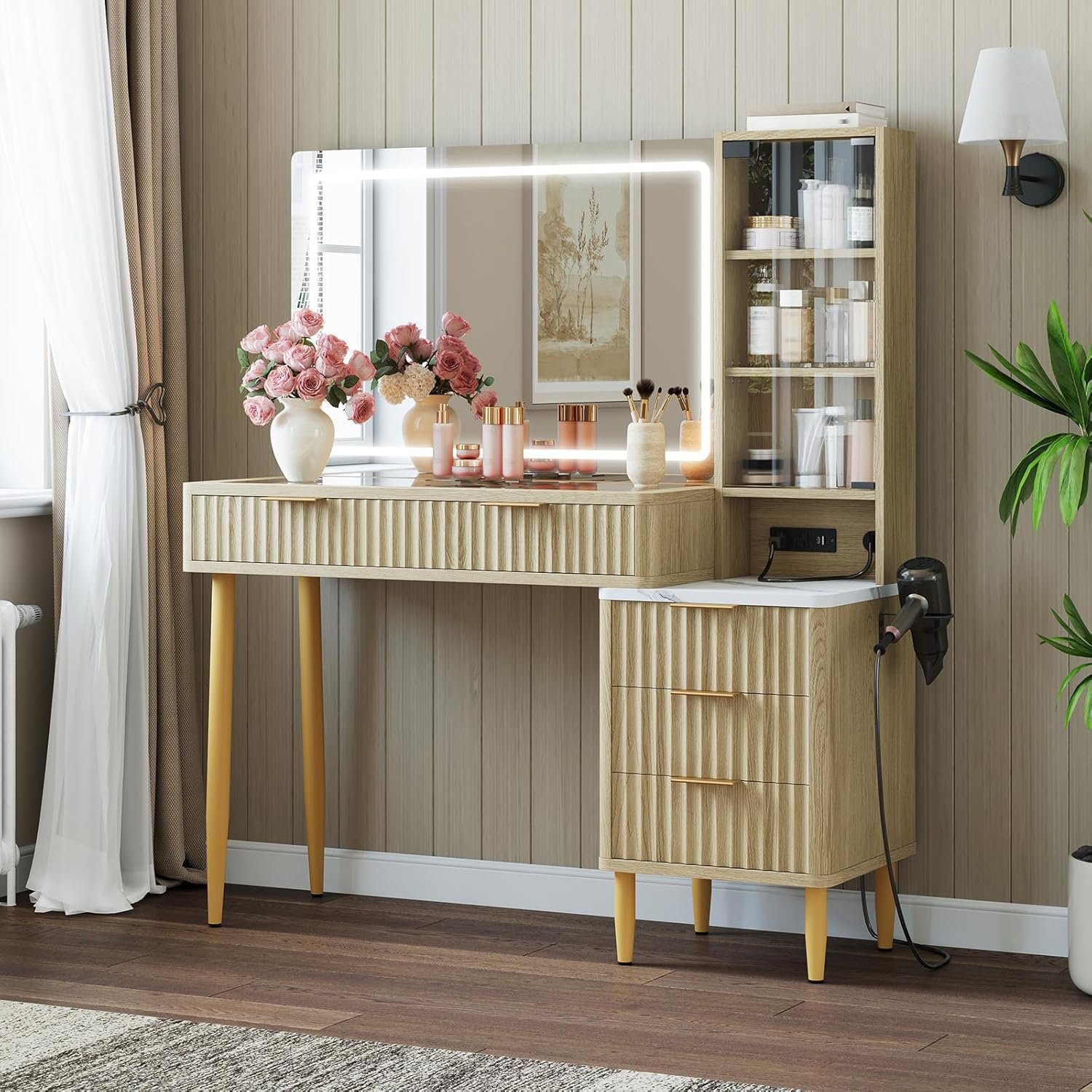 Ivy Bronx Wood Makeup Vanity Table with LED Mirror, 5 Drawers, Glass ...