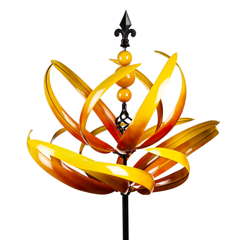 Freeport Park® Hugley 91"H Yellow Lotus Kinetic Wind Spinner Garden ...
