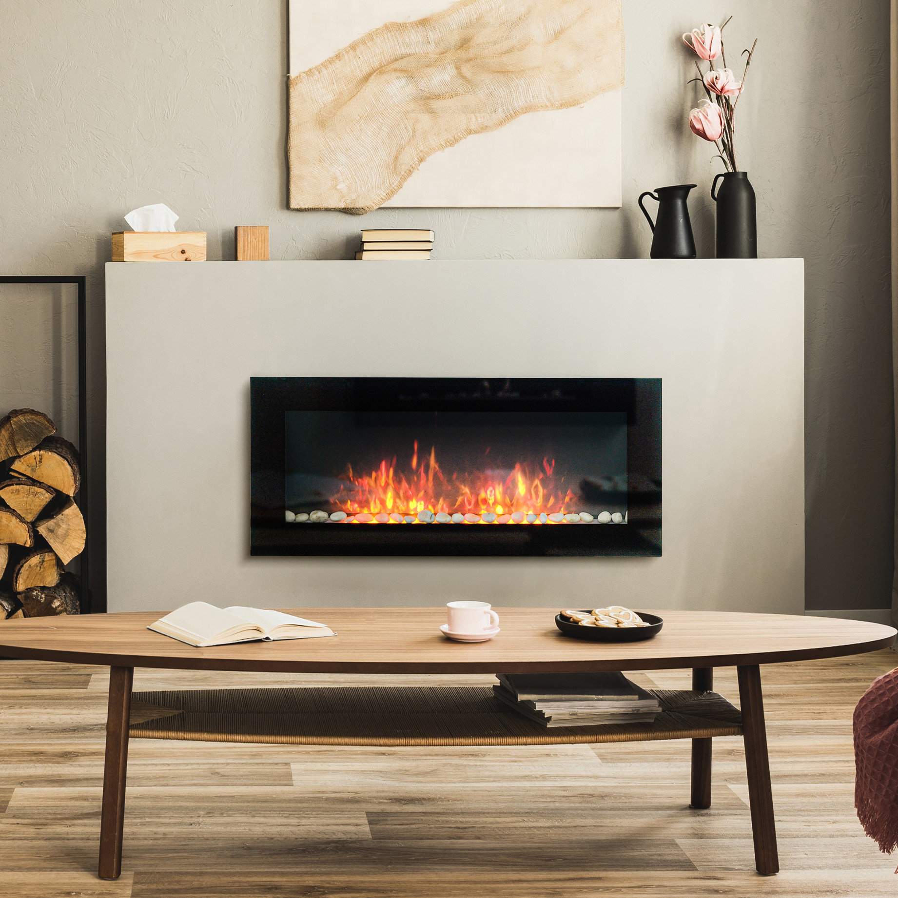 Latitude Run® 41.3" Black Electric Fireplace, 1500W, Flame & 7 Color ...