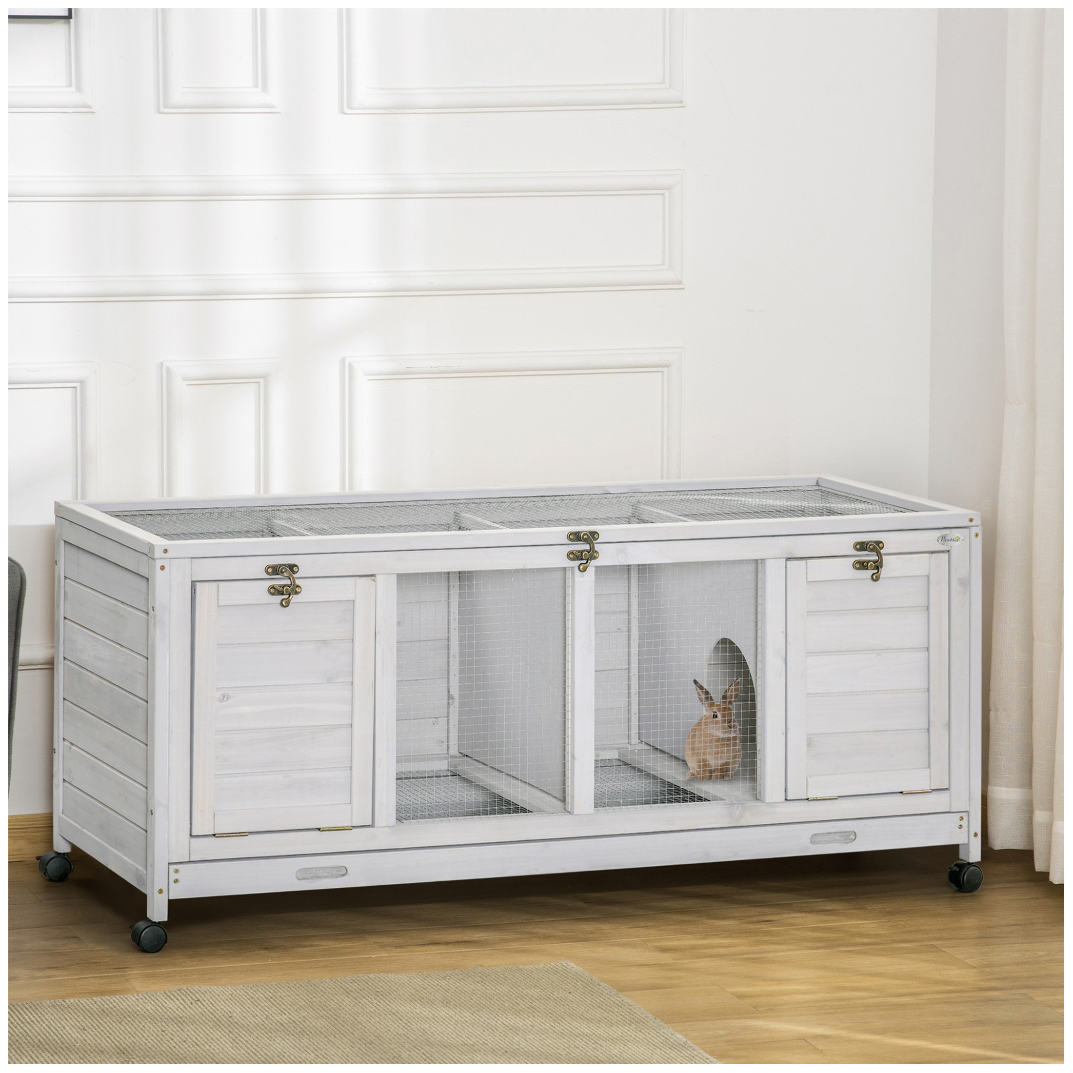 One Allium Way® Wooden Rabbit Hutch, Bunny Cage with Wheels, Dividers ...