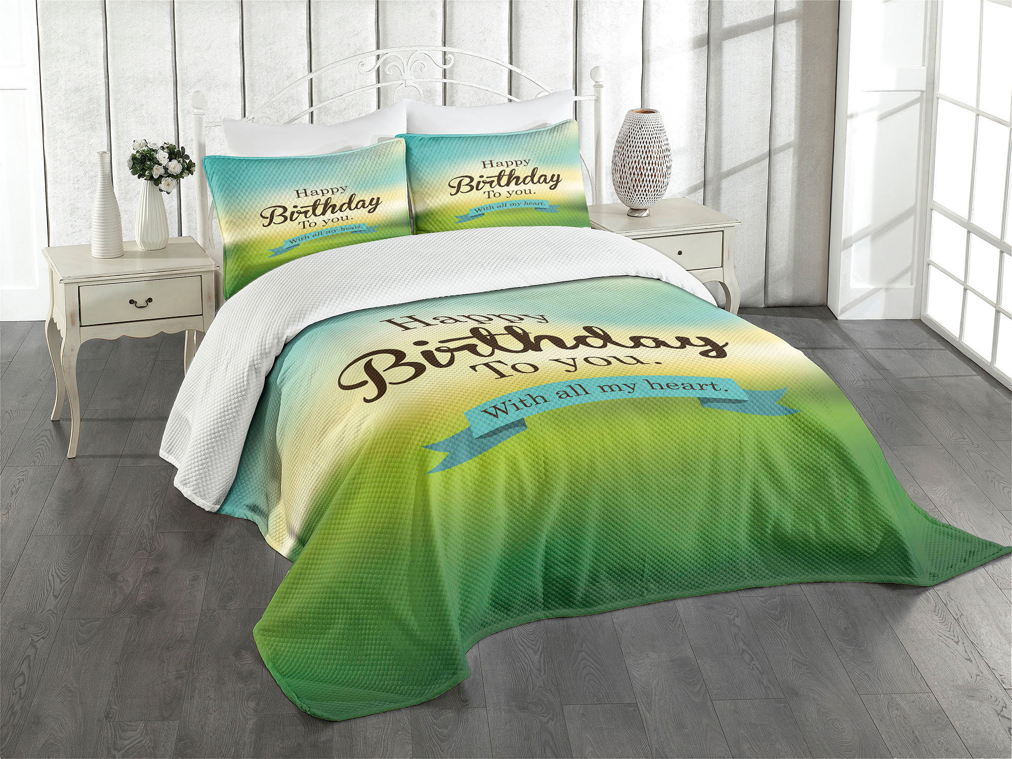 Ambesonne Birthday Bedspread Set 3 Pcs Sincere Greeting Blur Queen ...