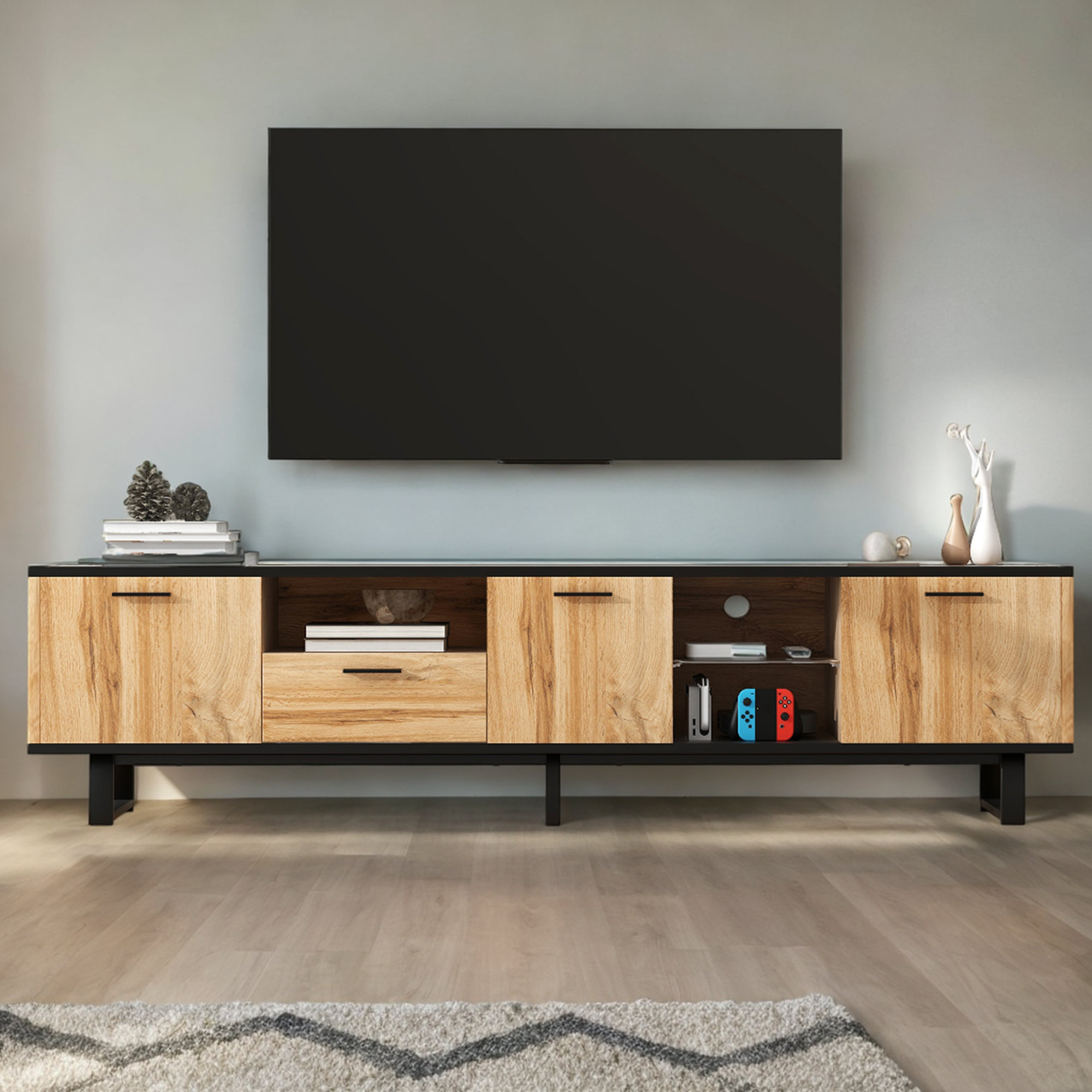 Ivy Bronx Modern TV With 4 Cabinets& Open Shelves, Colour-Matching ...