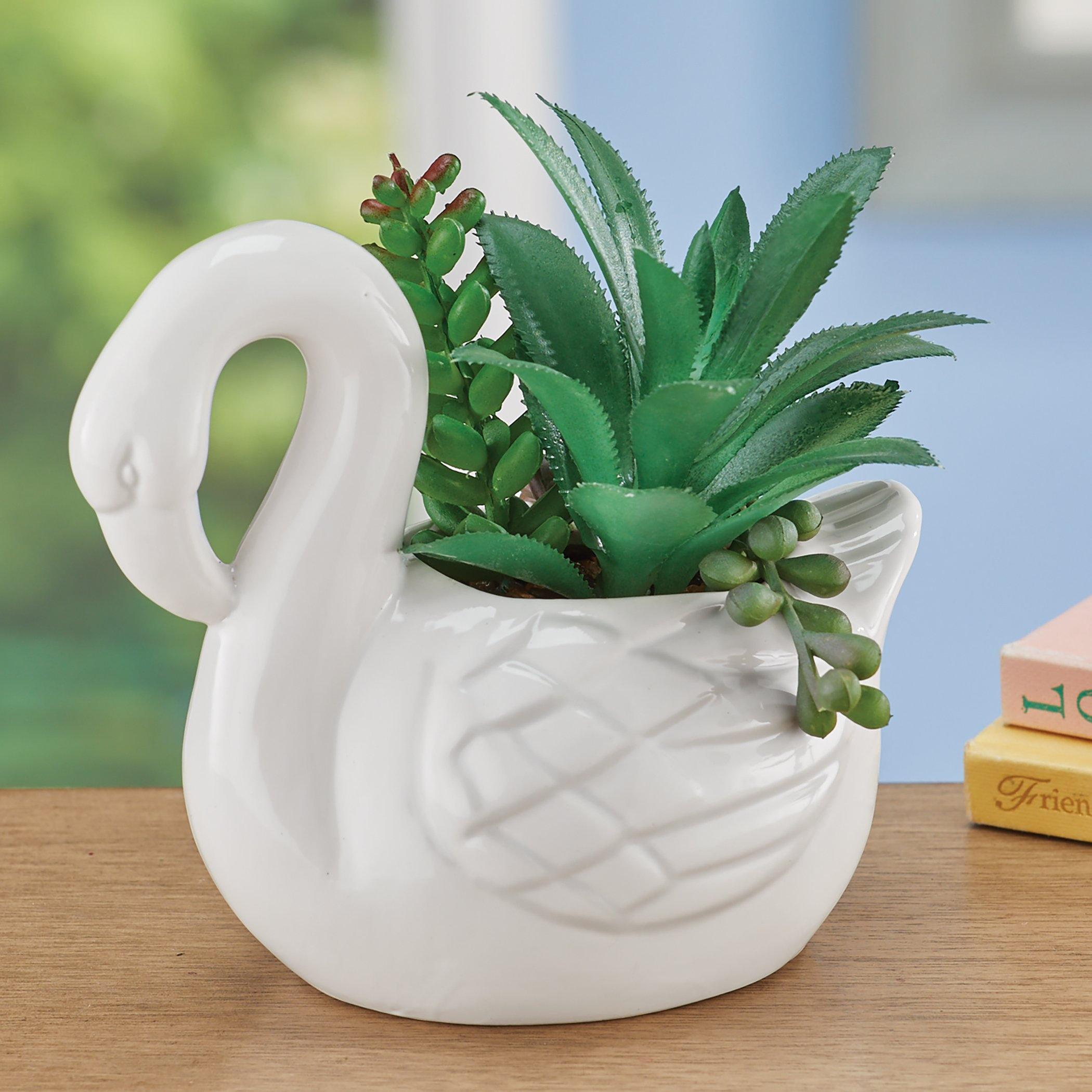Highland Dunes Faux Succulent Arrangement in Ceramic White Swan Pot ...