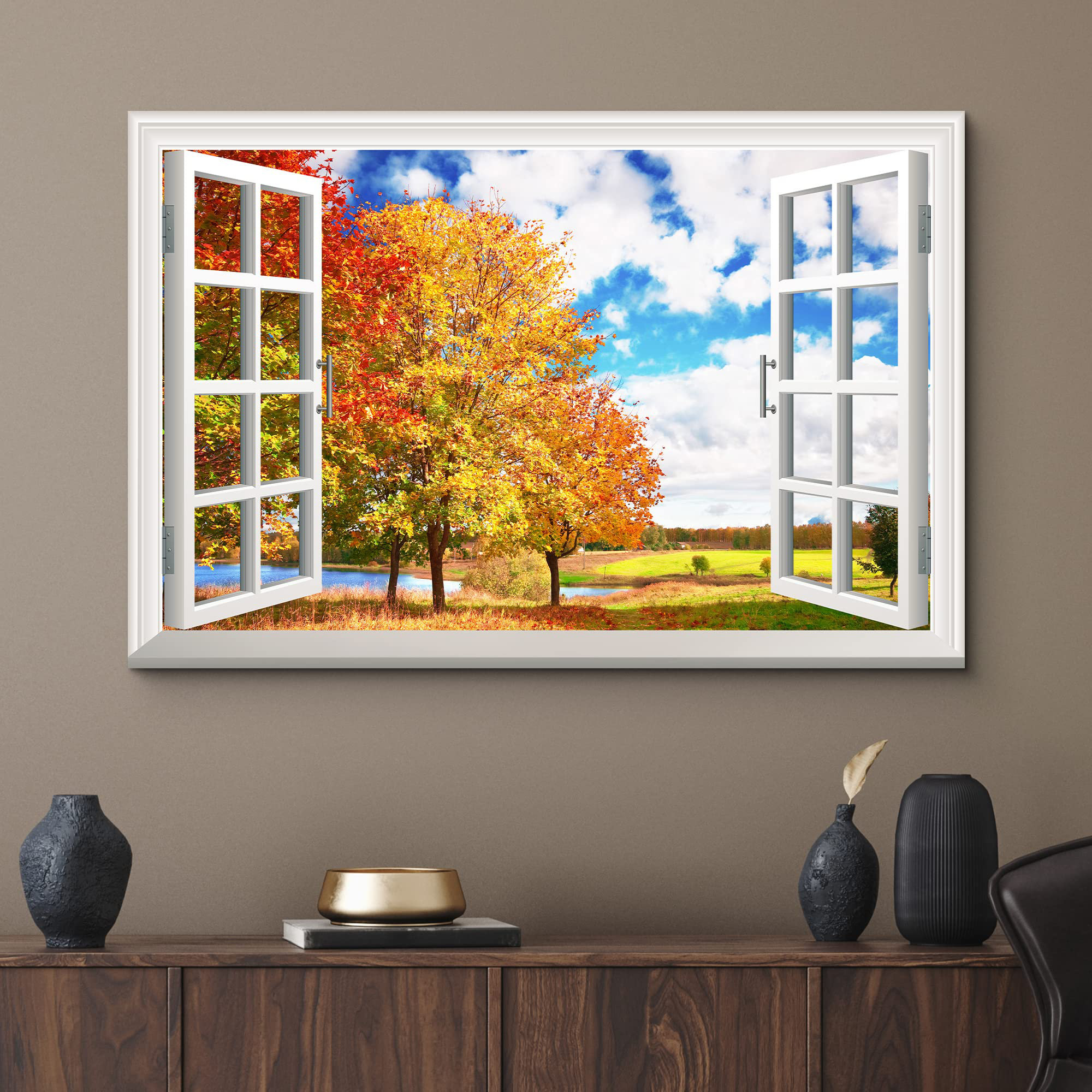 IDEA4WALL Window Scenery " Window View Of Red & Orange Fall Trees ...