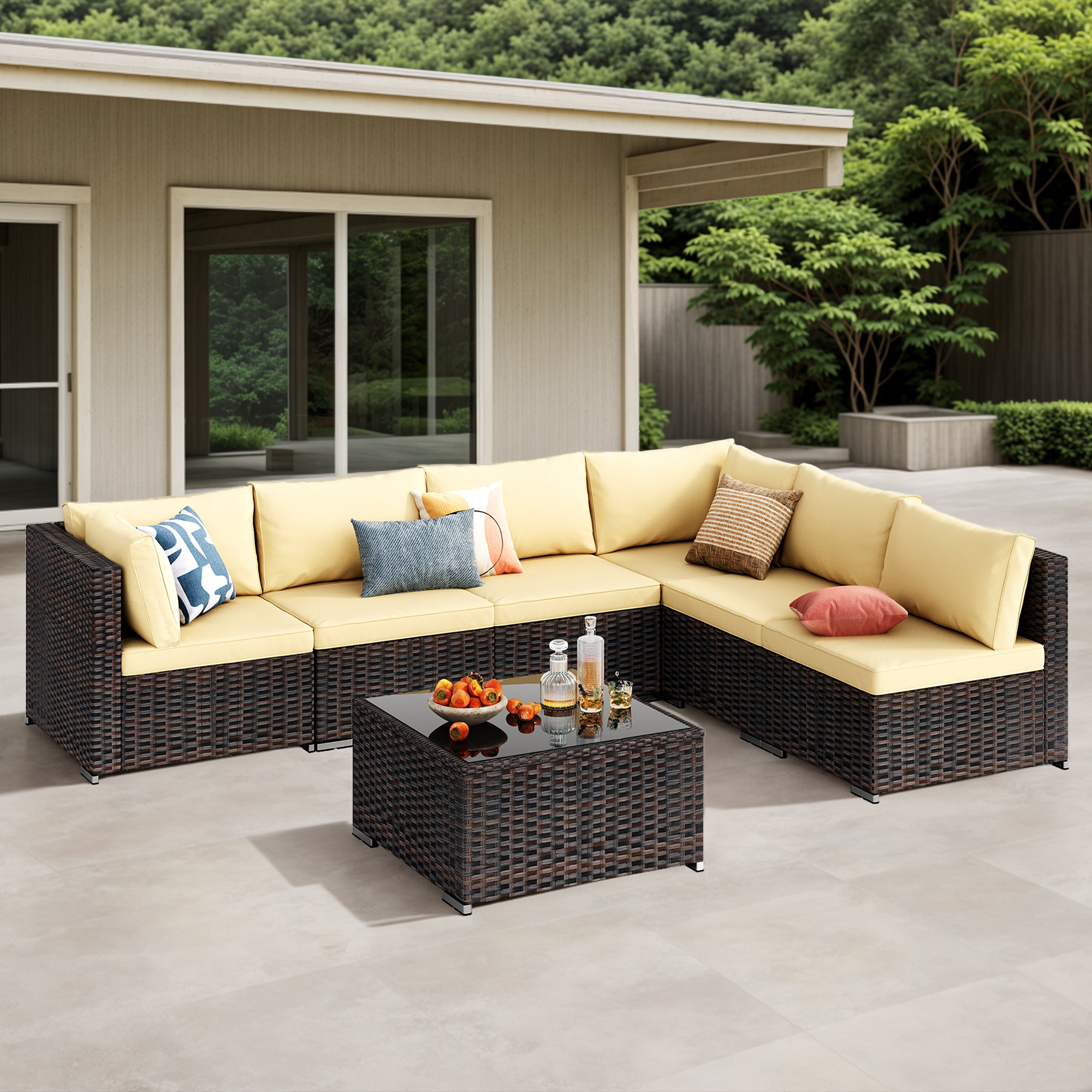 Ebern Designs Silverts 7-Piece Outdoor Rattan Sectional Seating Set ...