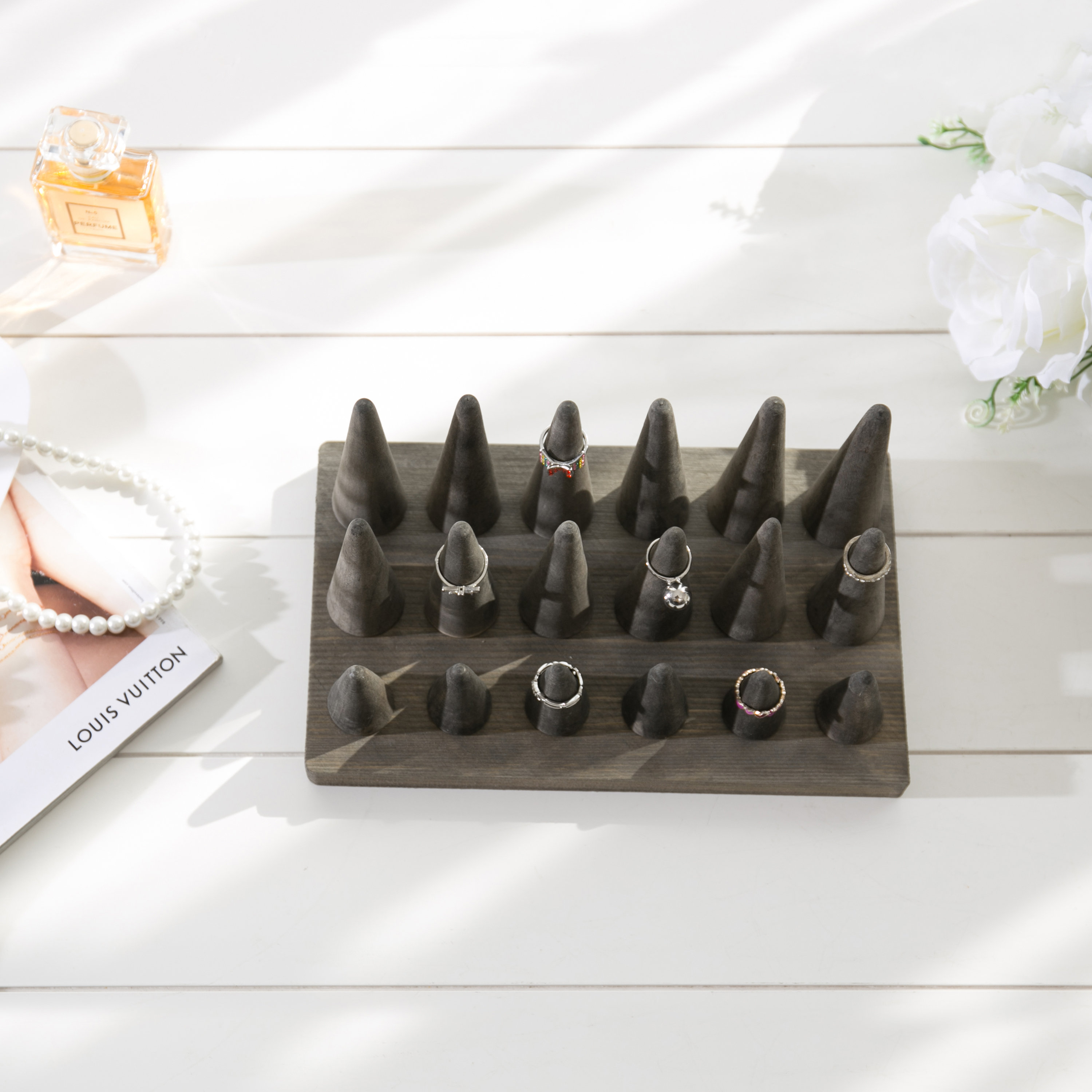 Loon Peak® Tabletop Gray Wood Ring Holder | Wayfair