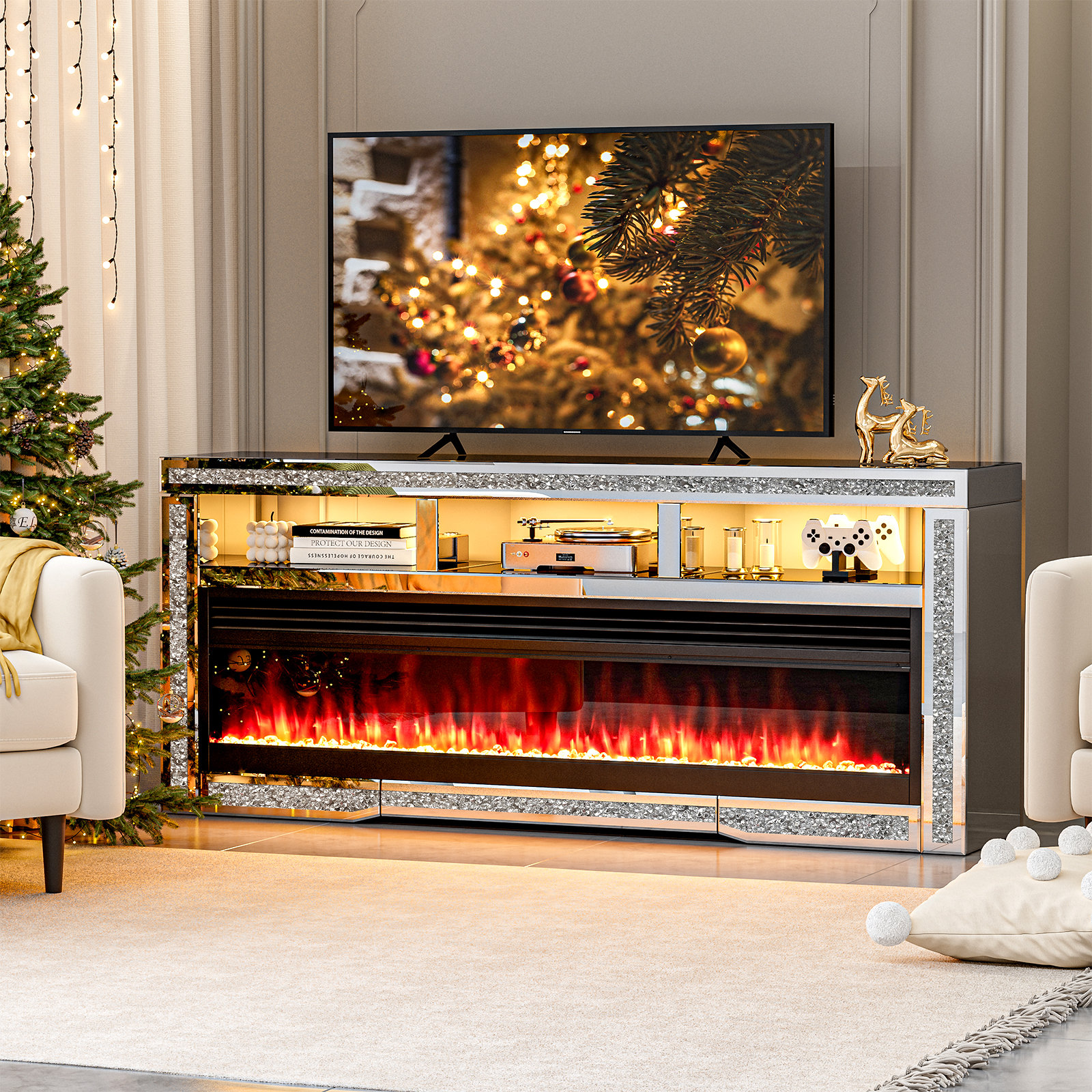 Everly Quinn Mirrored Fireplace Tv Stand For 65+ Inch Tv, Silver Tv ...