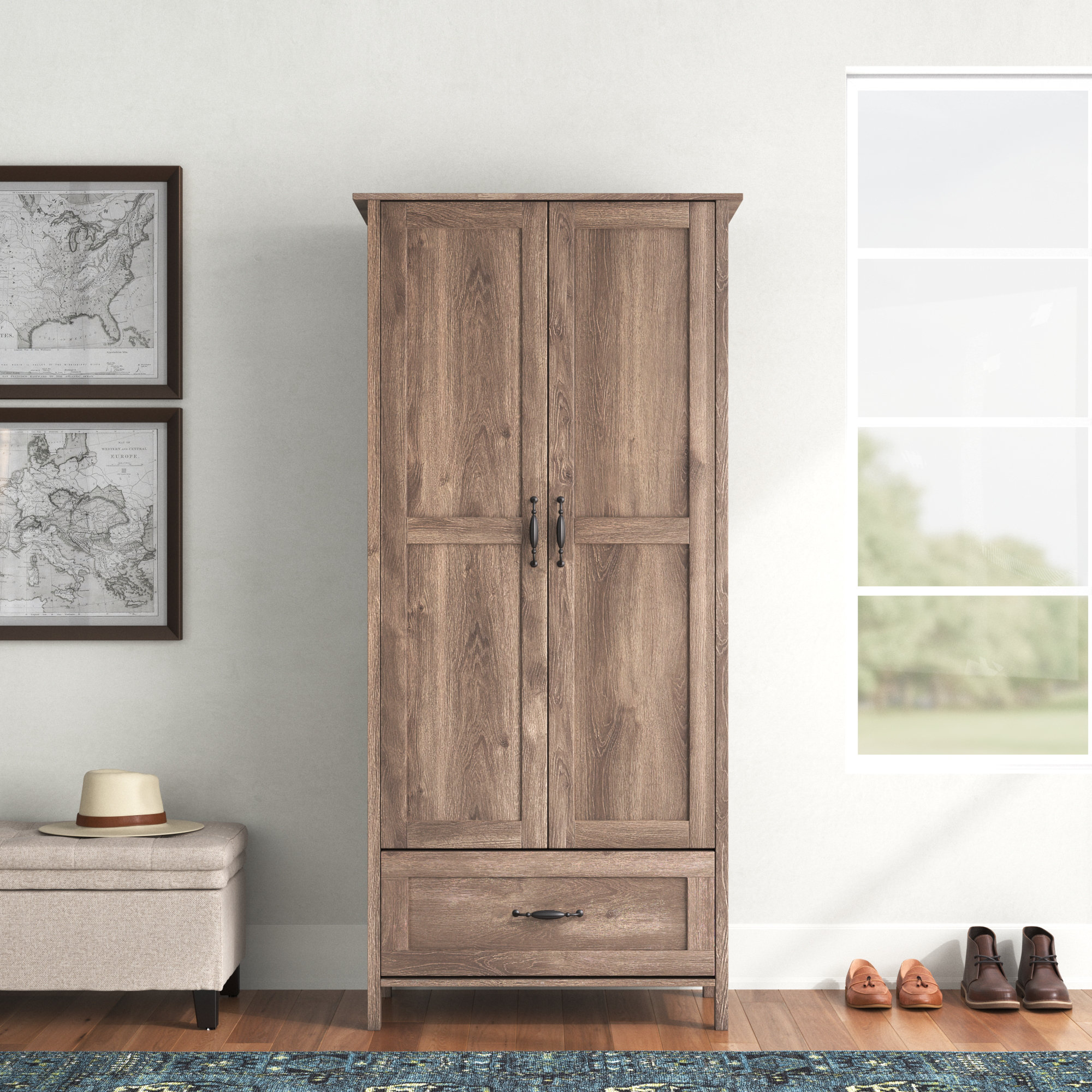 Millwood Pines Malawi Rustic Double-doors Wardrobe Closet with Shelves ...