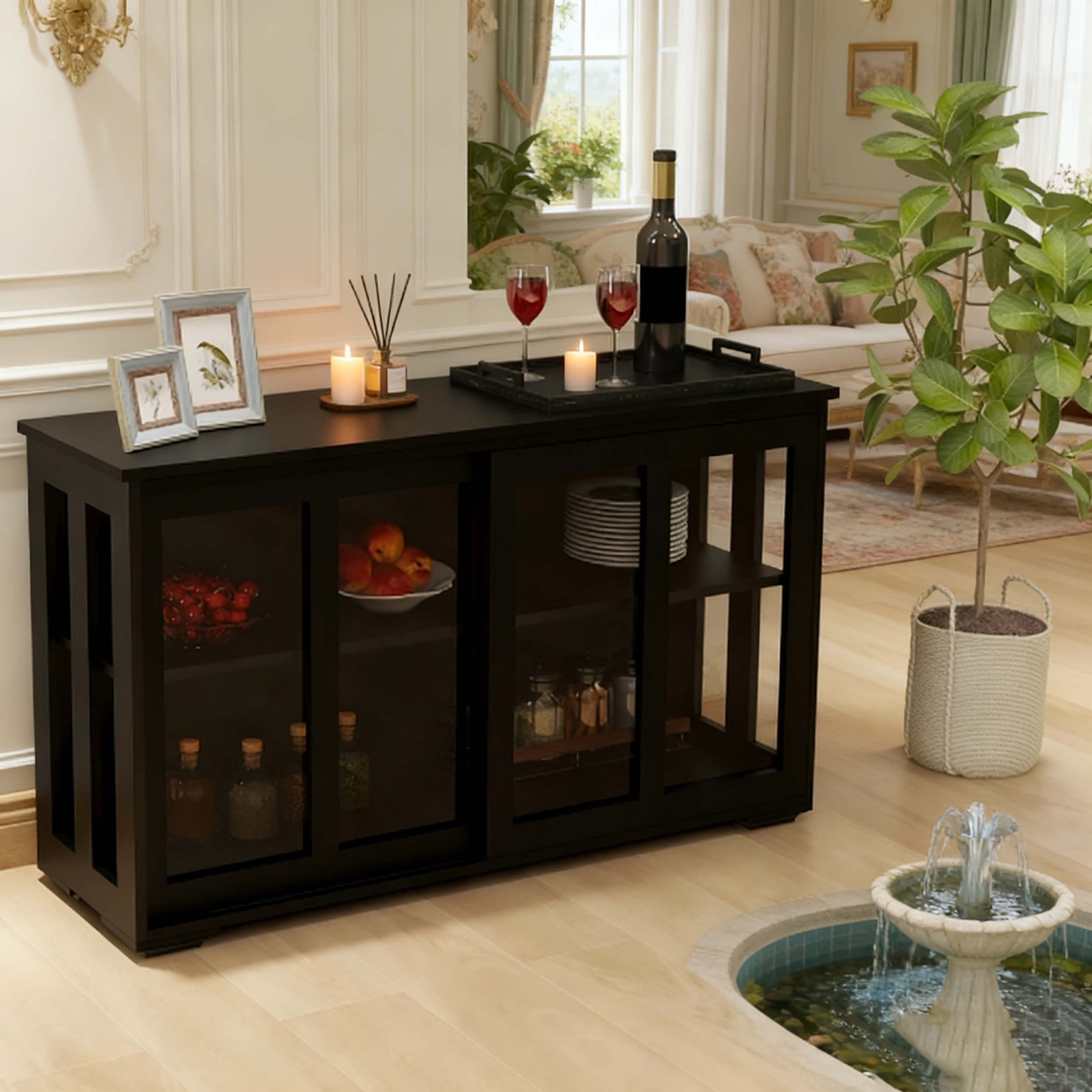 Ebern Designs Kitchen Storage Stand Cupboard With Glass Door-Black ...
