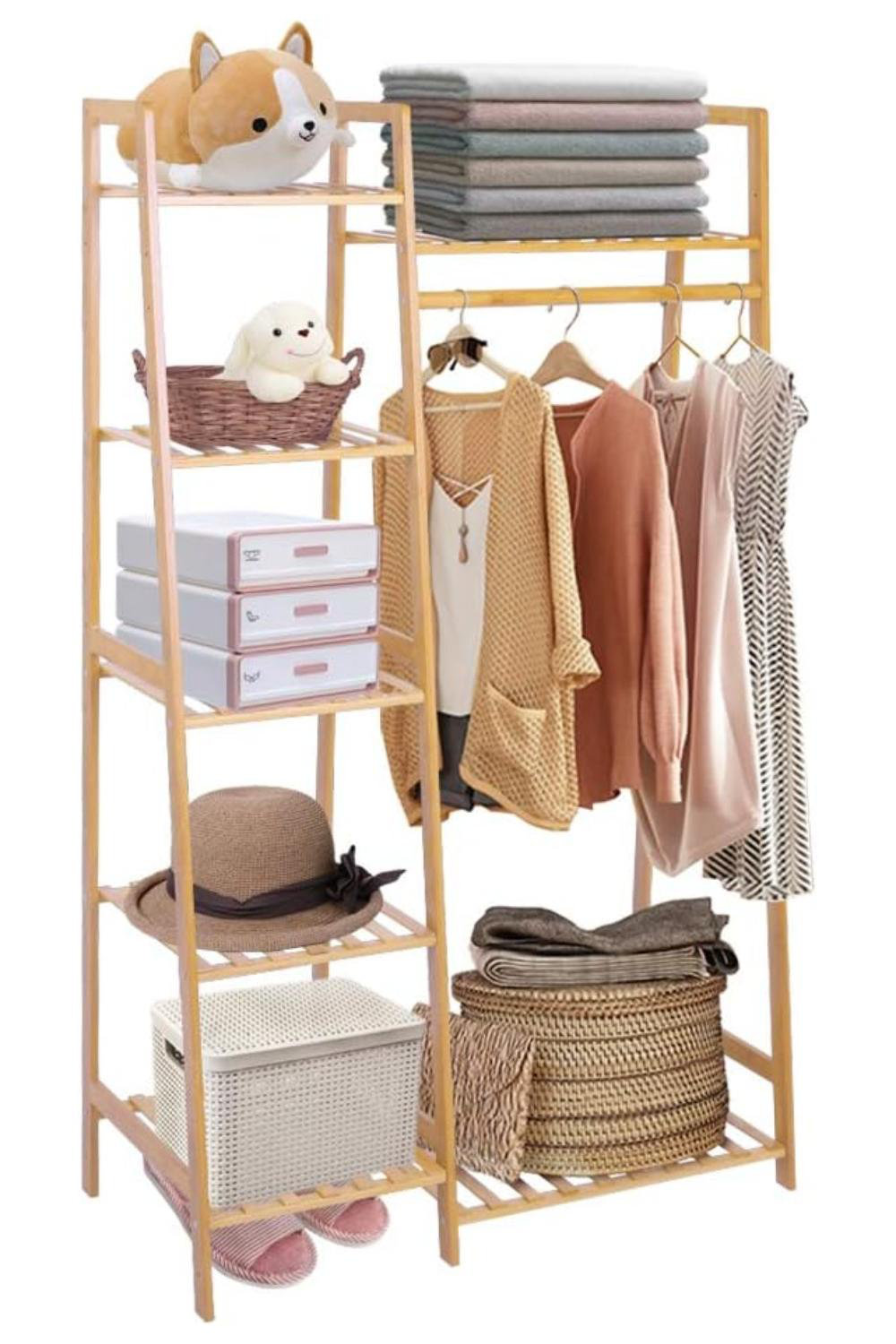 Rebrilliant Bamboo Garment Rack 7-Tier Storage Shelves Clothes Hanging ...