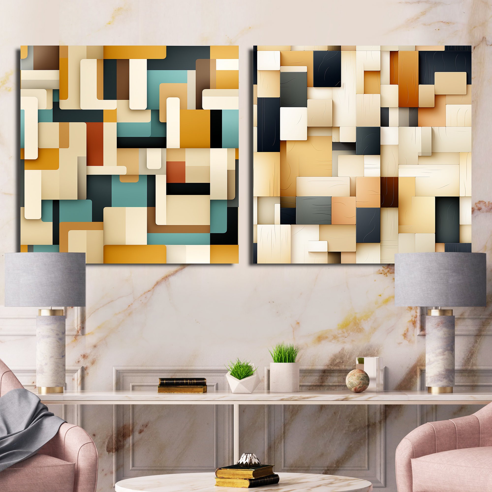 Design Art Abstract Taupe Blockchain Blocks - Abstract Shapes Square Collage Set Of 2 | Wayfair