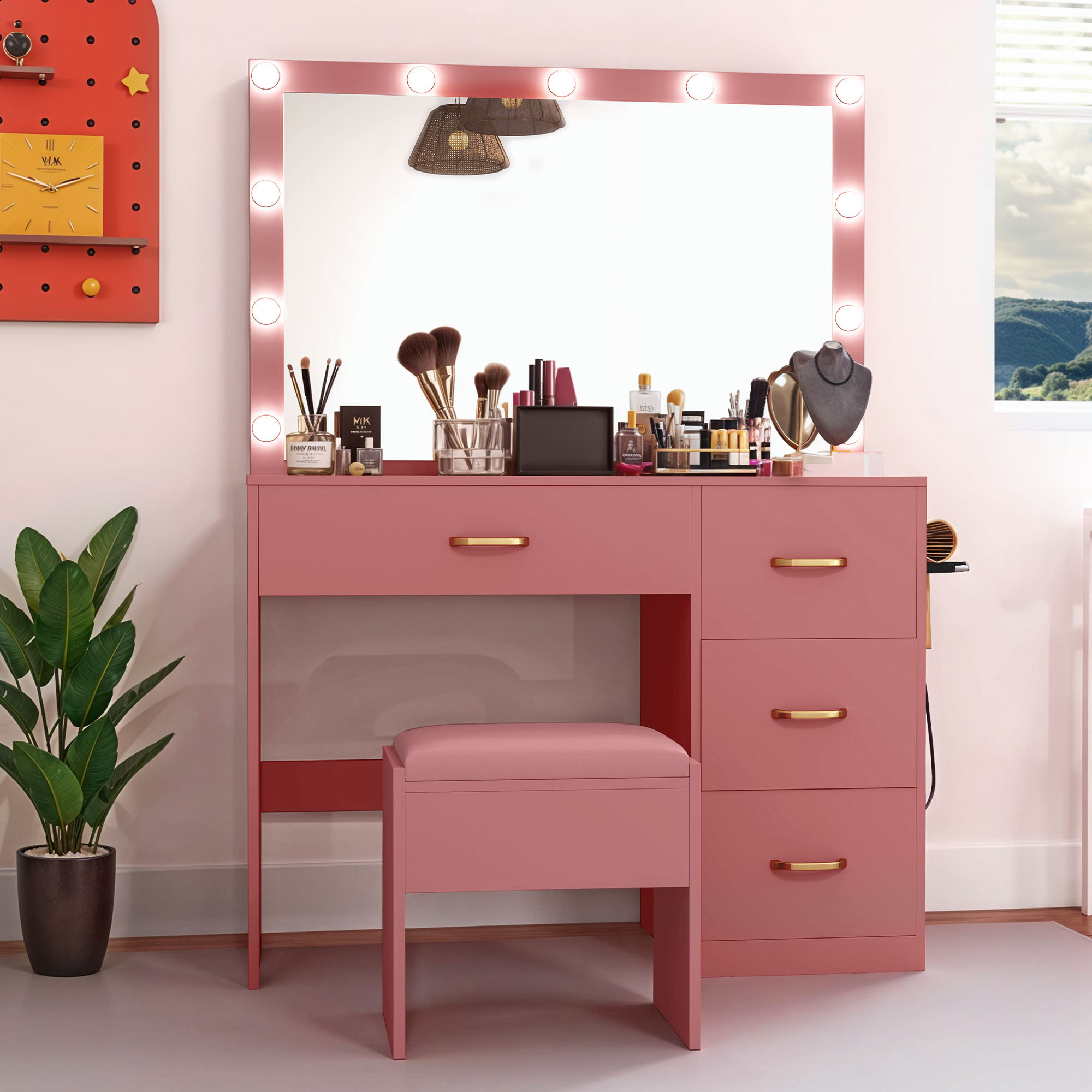 Ebern Designs LED Vanity Table with Storage, Charging Station & Stool ...