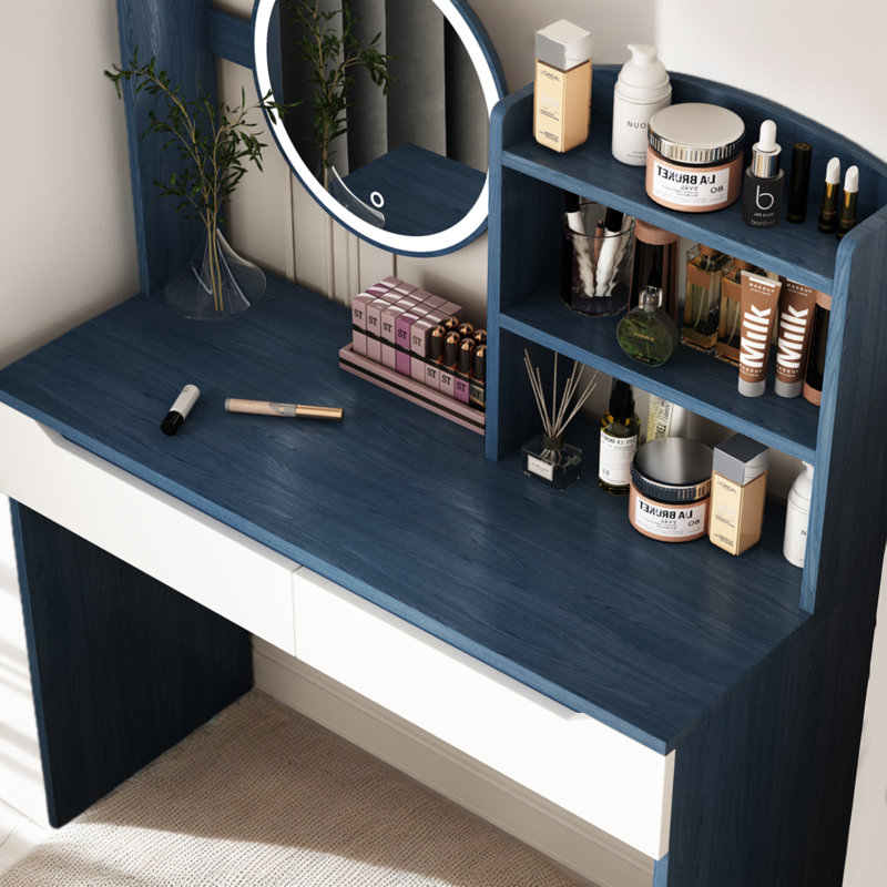 Ebern Designs Blue Vanity Table With Mirror, Drawers, And Shelving ...