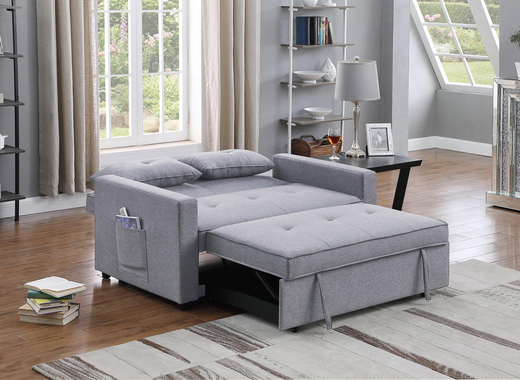 Ebern Designs Linen Convertible Sleeper Loveseat With Side Pocket ...
