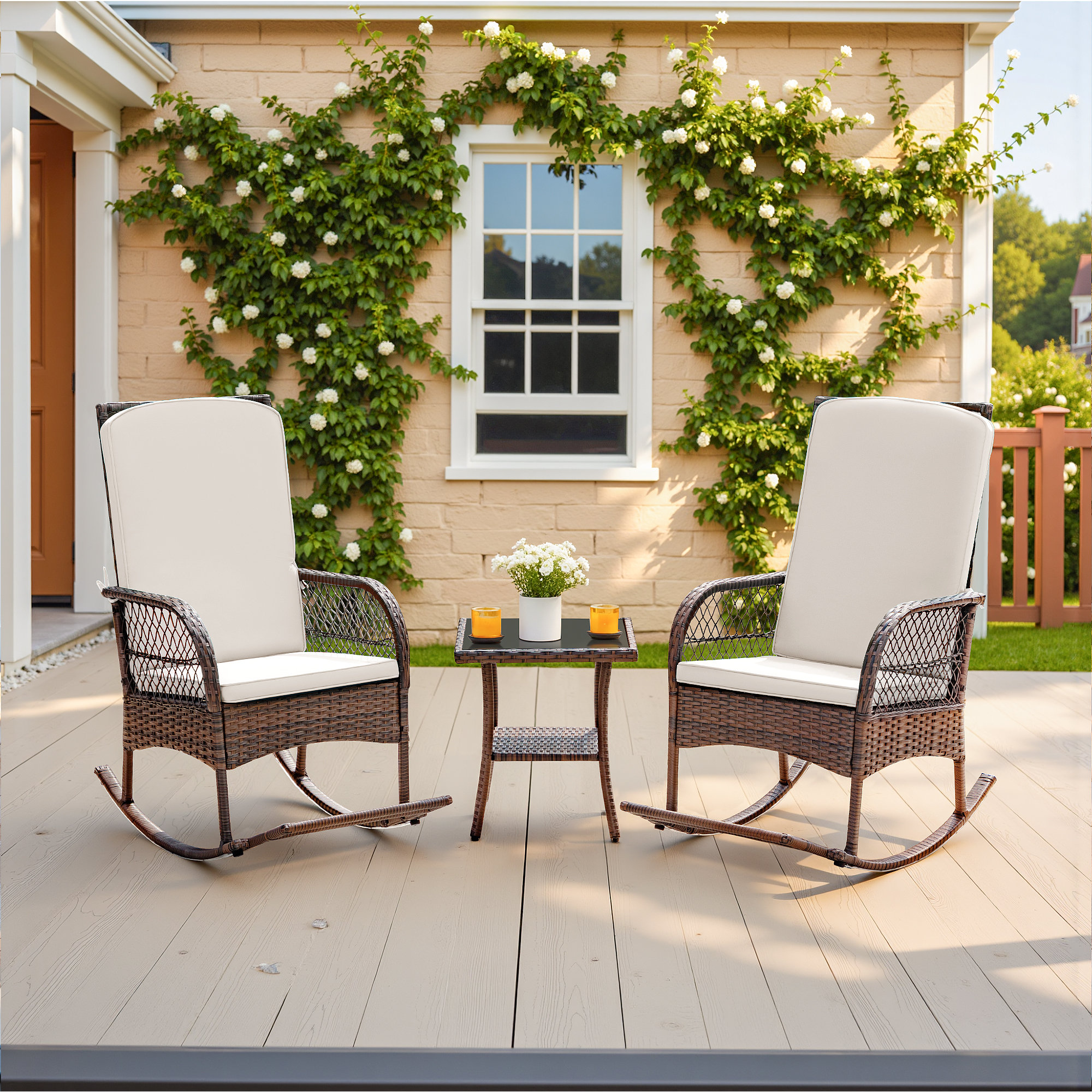 Winston Porter Patio Rocking Conversation Set for 2, PE Wicker Outdoor ...
