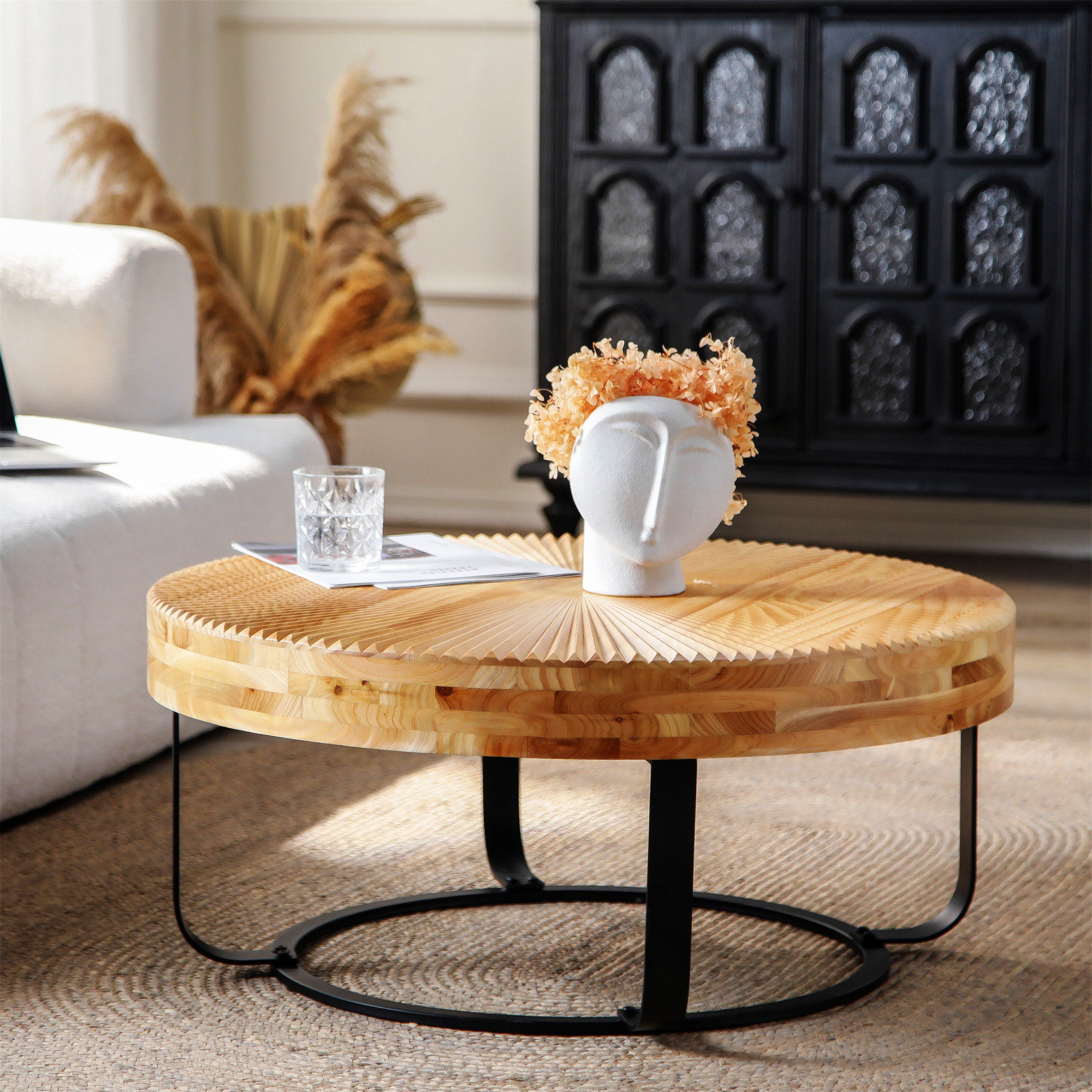 Mercer41 Modern Round Coffee Table Wooden Carving Pattern Coffee Table ...