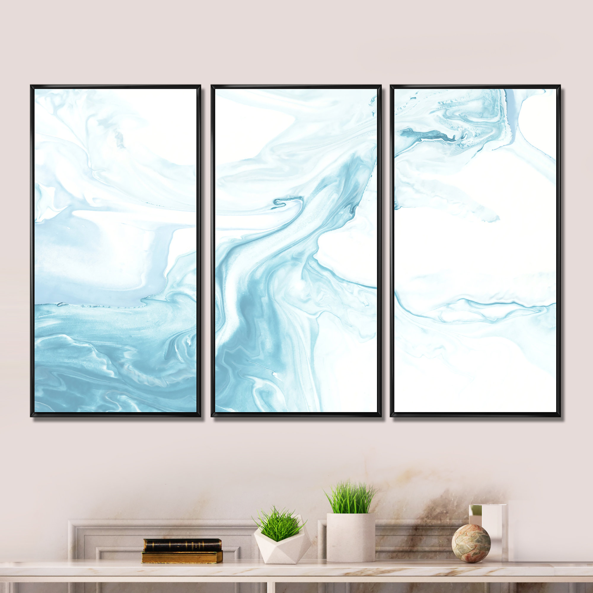 Wrought Studio™ Light Blue And White Liquid Marble Art - Modern Framed ...