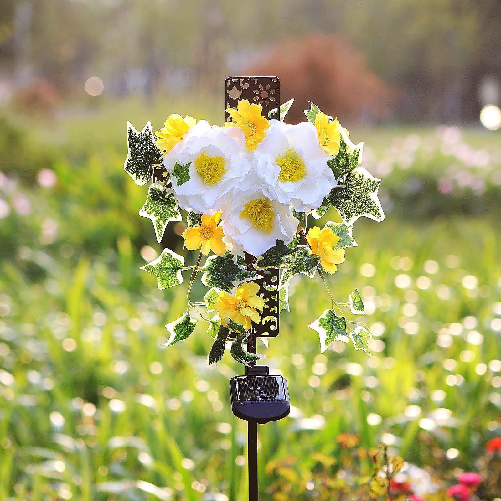 Winston Porter Solar Cross Lights With Three Flowers, Solar Metal Stake ...