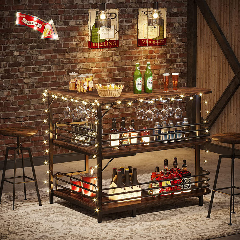 17 Stories Cocheco 3 Tier Industrial Home Bar Unit L-Shaped Liquor Bar ...