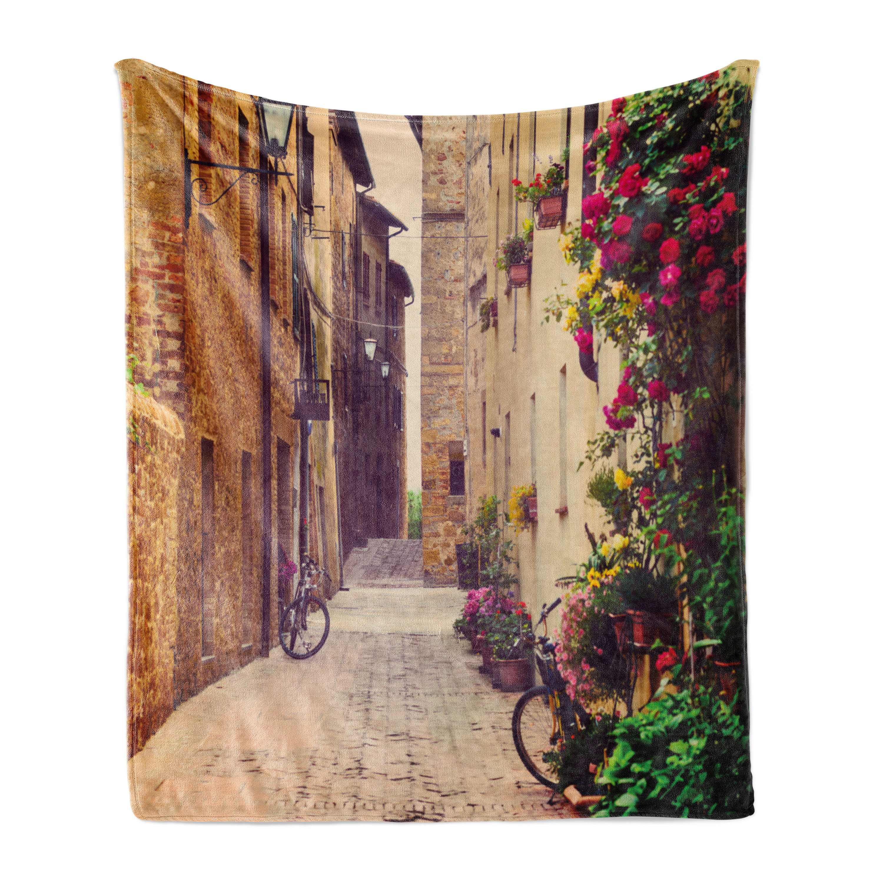 Ambesonne Rustic Fleece Throw Blanket Street in Italy Flowers Red Green ...