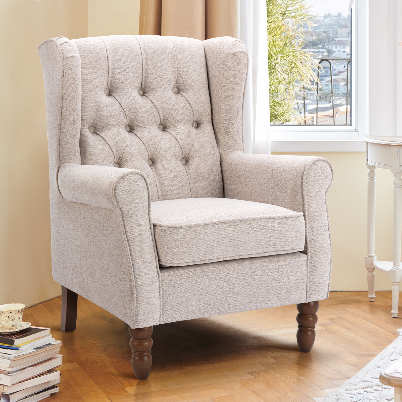 Mercer41 Button-Tufted Small Wingback Accent Chair with Rolled Arm and ...