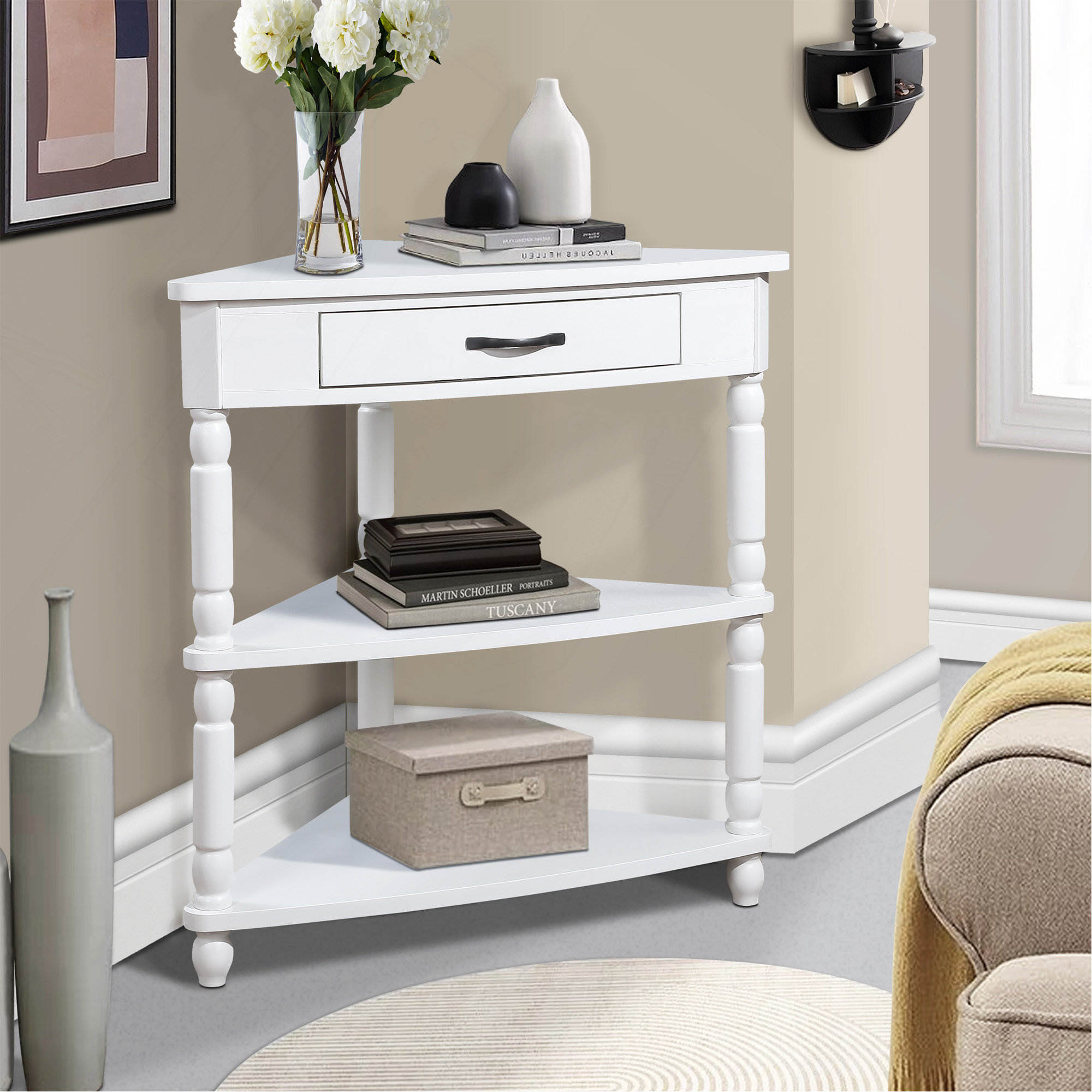 17 Stories 33.8" Small Triangle Corner Table, Wood Corner Side Table ...