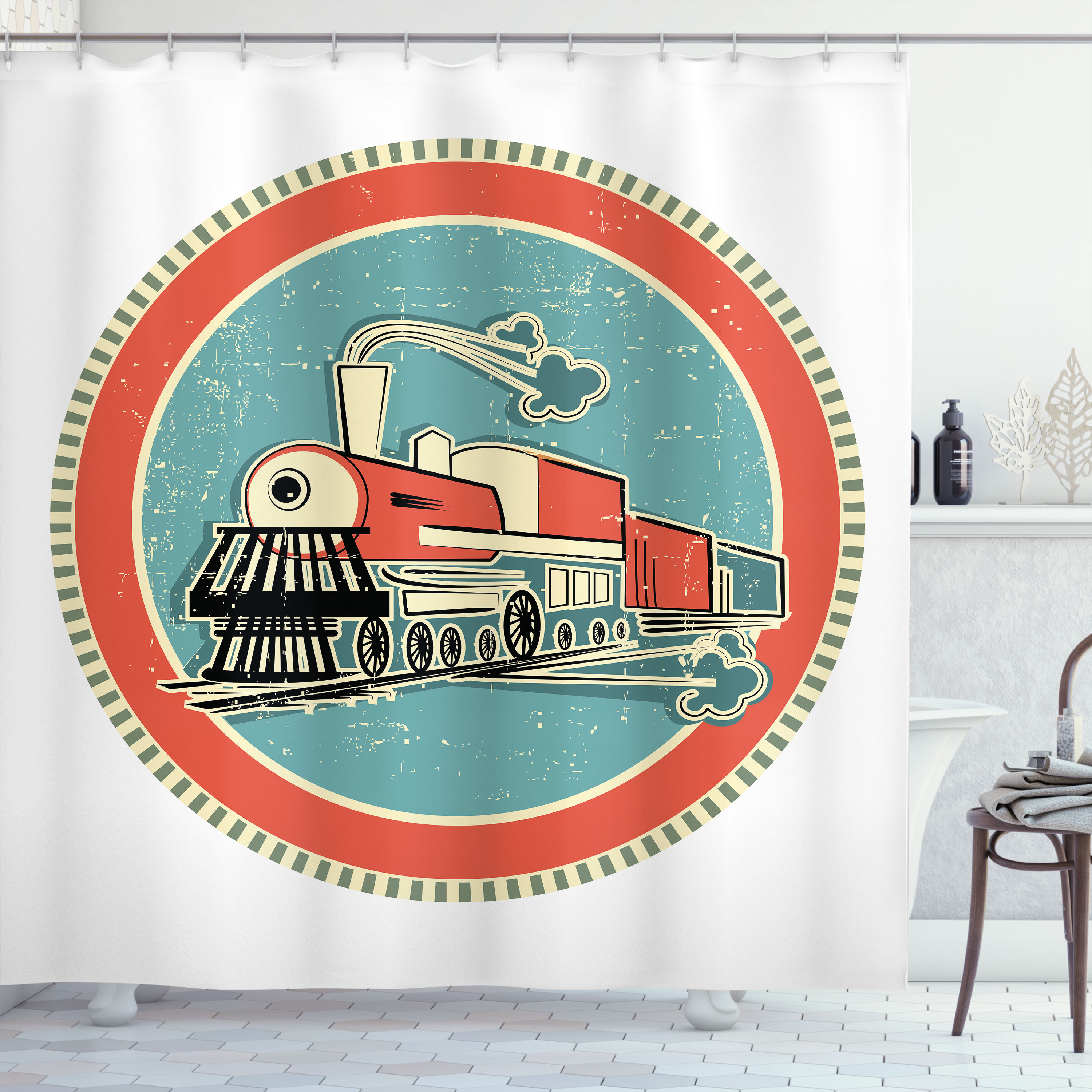 Dakota Fields Steam Engine Shower Curtain Retro Train Art Turquoise ...