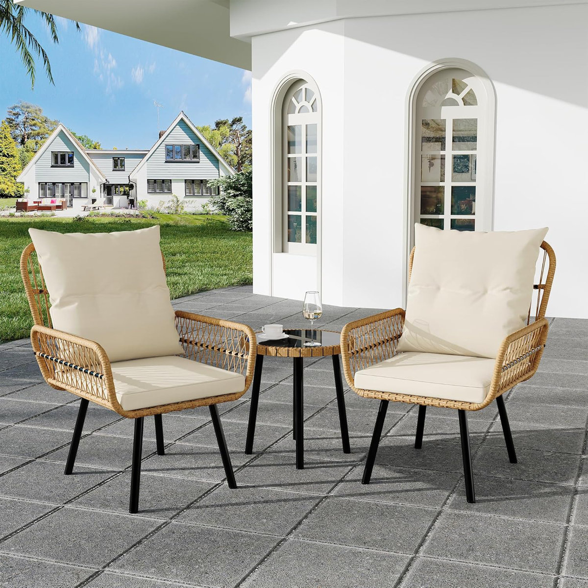 George Oliver 3 Pieces Patio Bistro Set, Outdoor Wicker Conversation ...