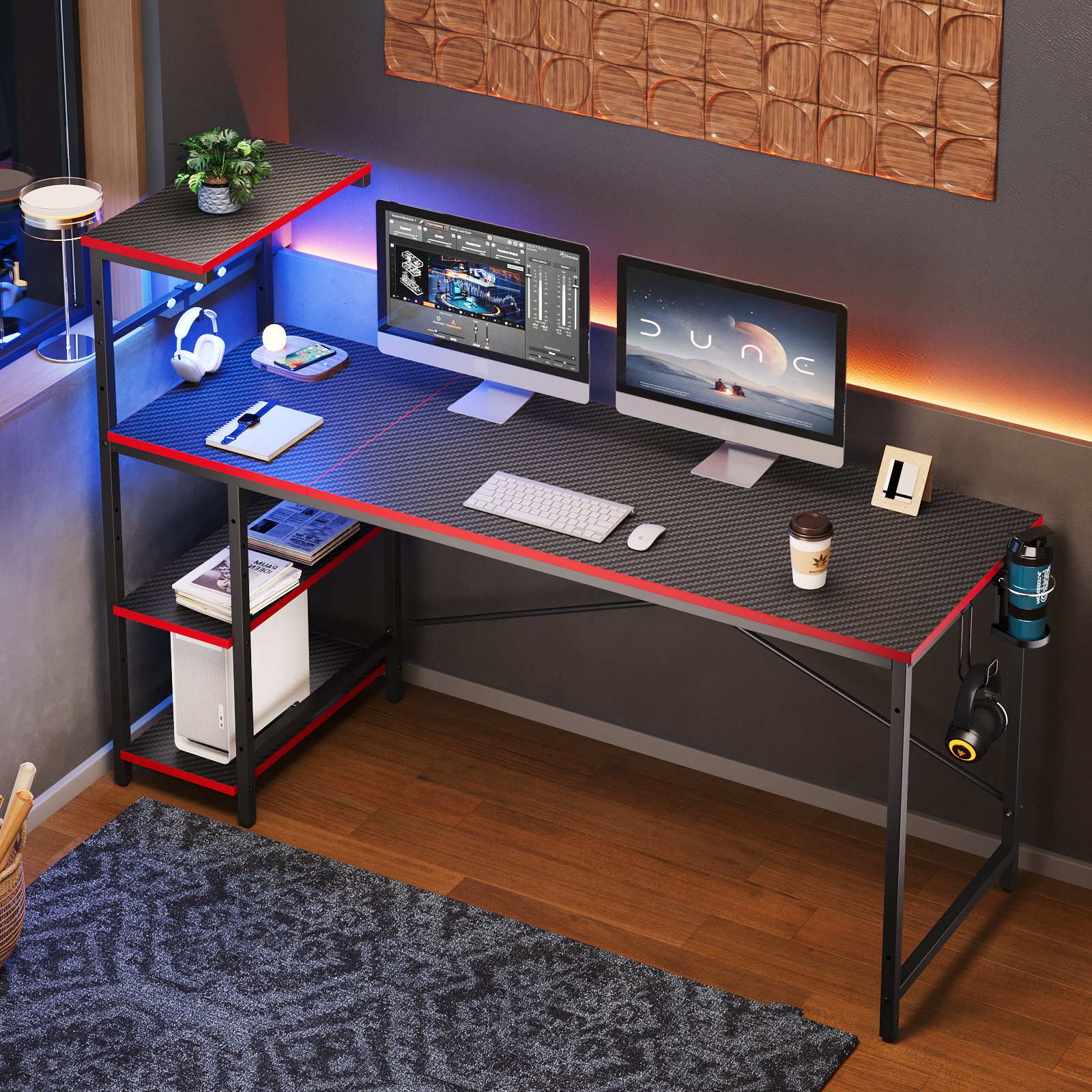 Inbox Zero Nedyo Gaming Desk with RGB LED Light, Computer Desk with 4 ...