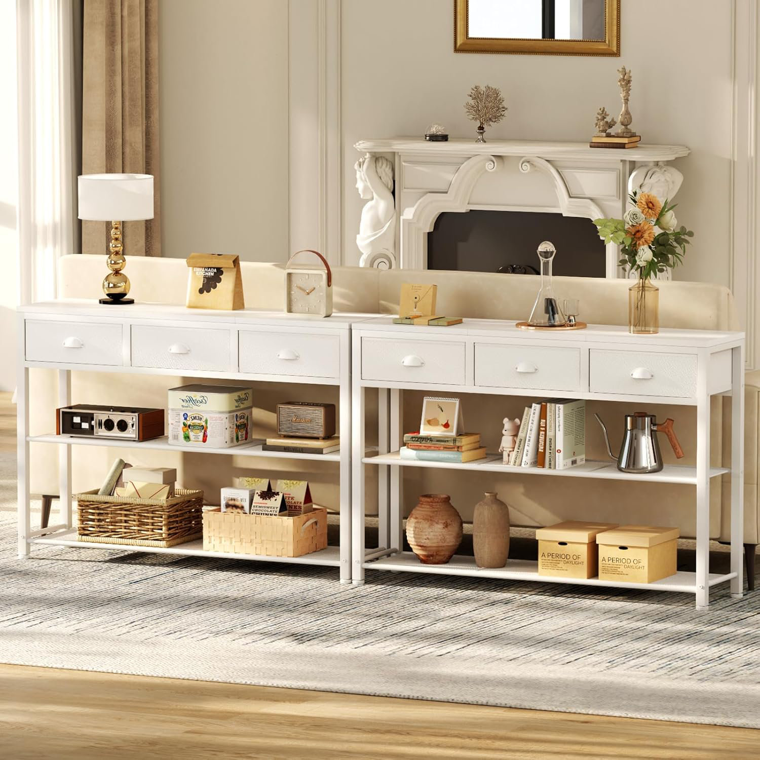 Ebern Designs Console Sofa Table With 3 Fabric Drawers, Industrial ...