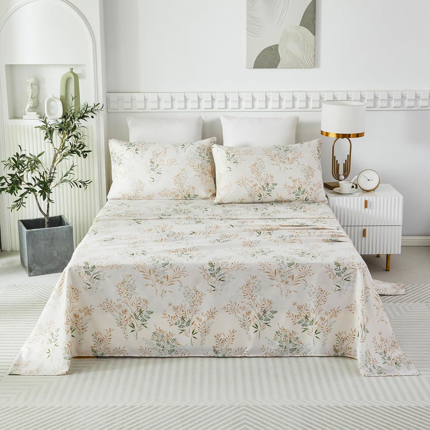 AMIPOR Floral Sheets Set, Botanical Print Off White Toile Bed Sheets ...