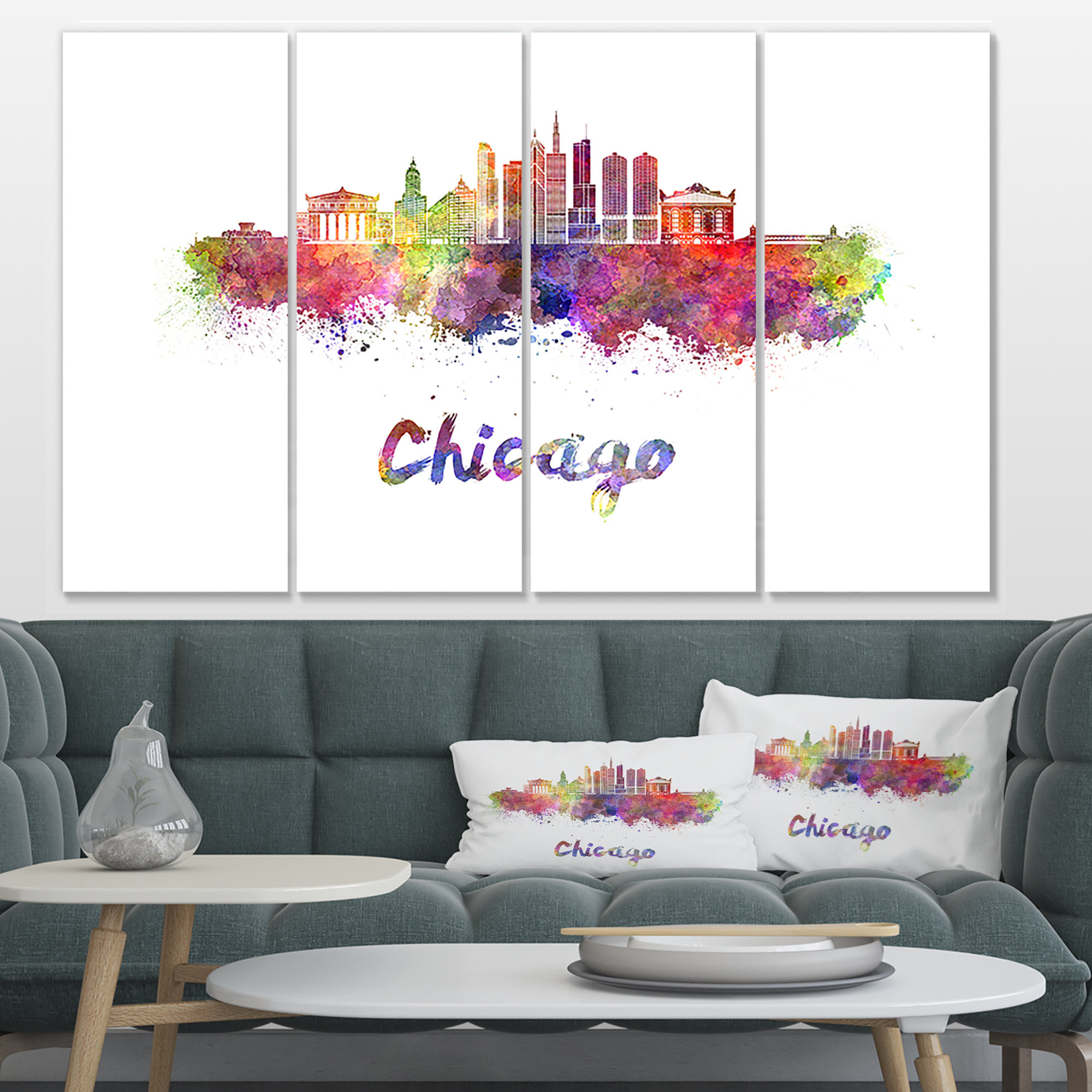 East Urban Home Colorful Chicago Skyline In Watercolor - Multipanel ...