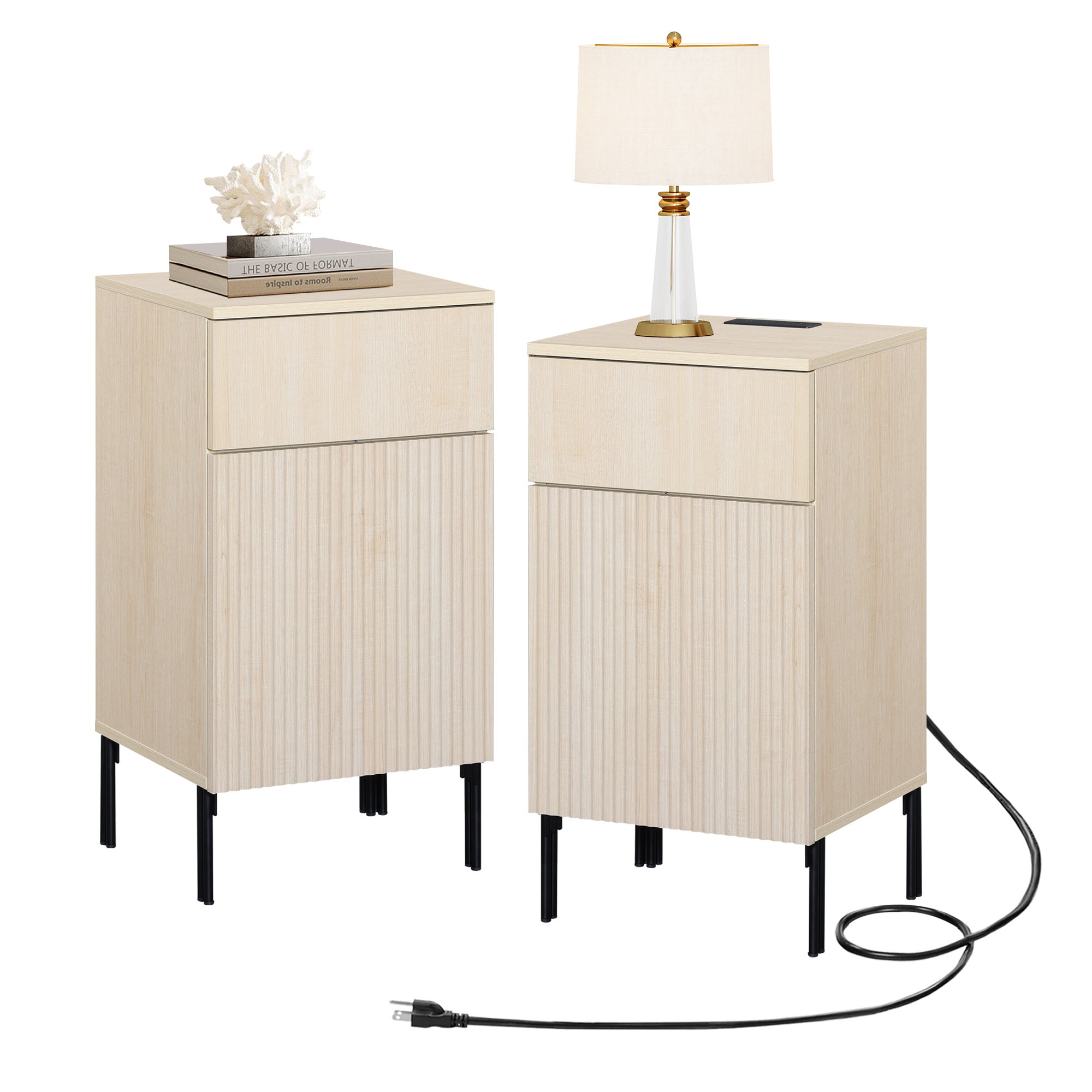 WAMPAT Modern Minimalist Nightstand Set Of 2 With Built-In Outlets ...
