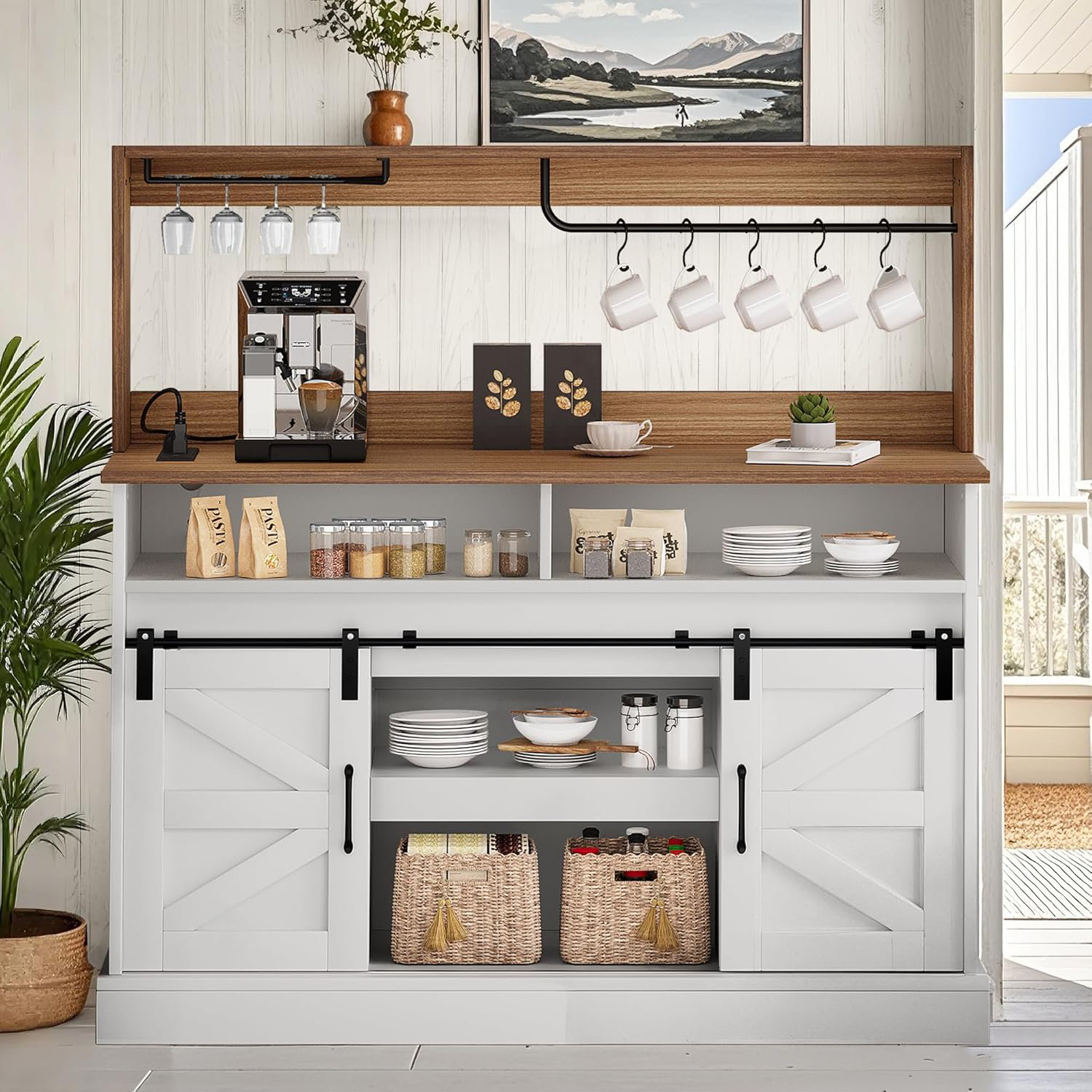 17 Stories Farmhouse Buffet Cabinet With Sliding Barn Doors, Built-In ...